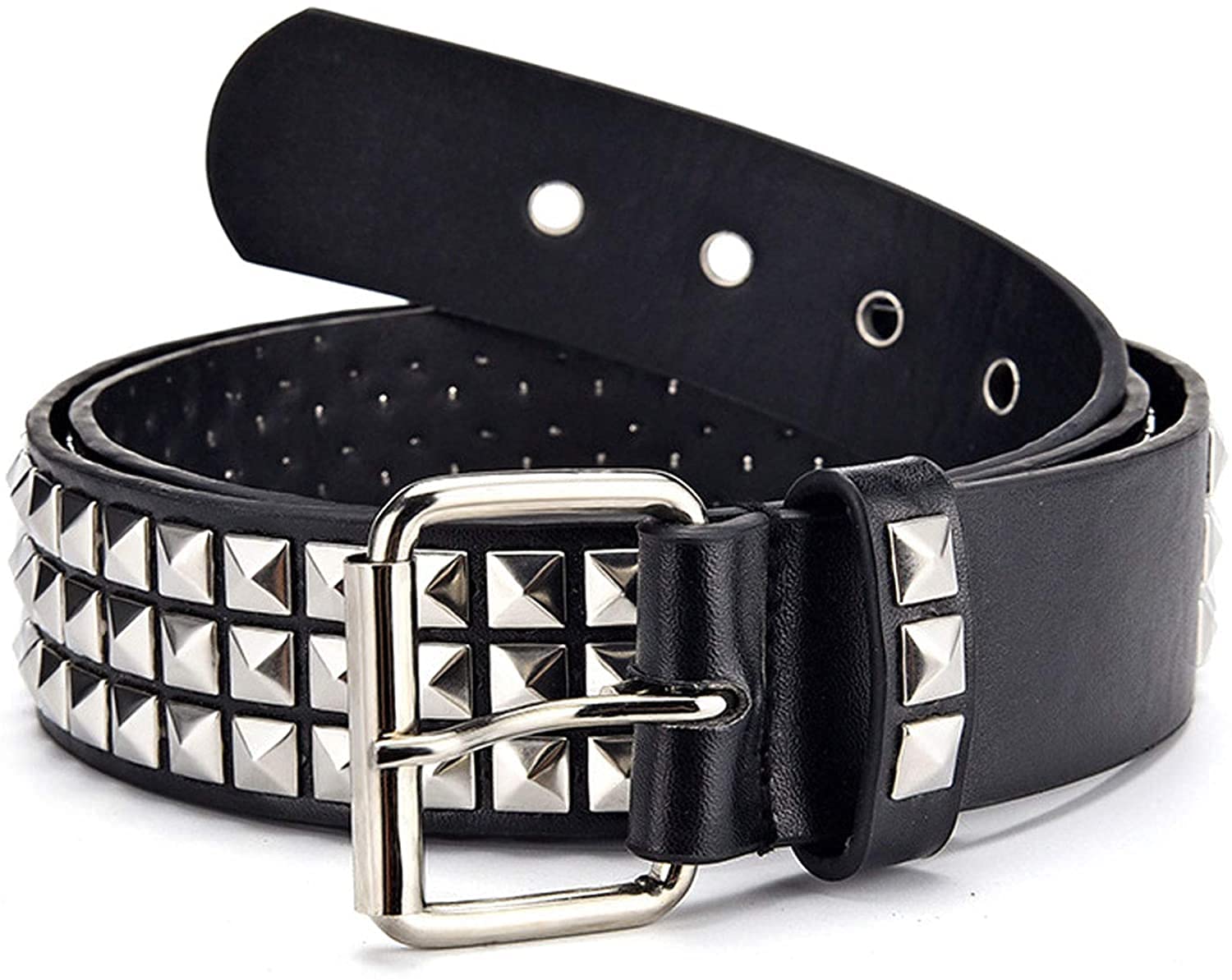 Studded Belt, 3 Row Metal Pyramid Silver Square Beads Punk Leather Belt, Gothic Punk Pants Jeans Belt for Women Men (Black) 110 x 3.8 cm
