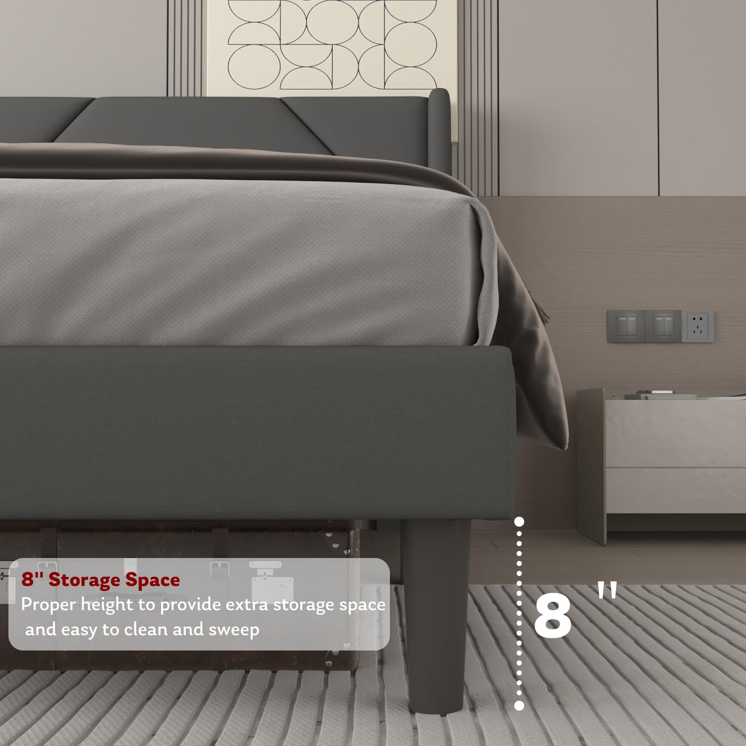 QIAYA Bed Frame Queen Size Upholstered Platform with Fabric Wingback Headboard/12 Solid Wooden Slats, Non-Slip and Noise-Free, No Box Spring Needed, Dark Gray