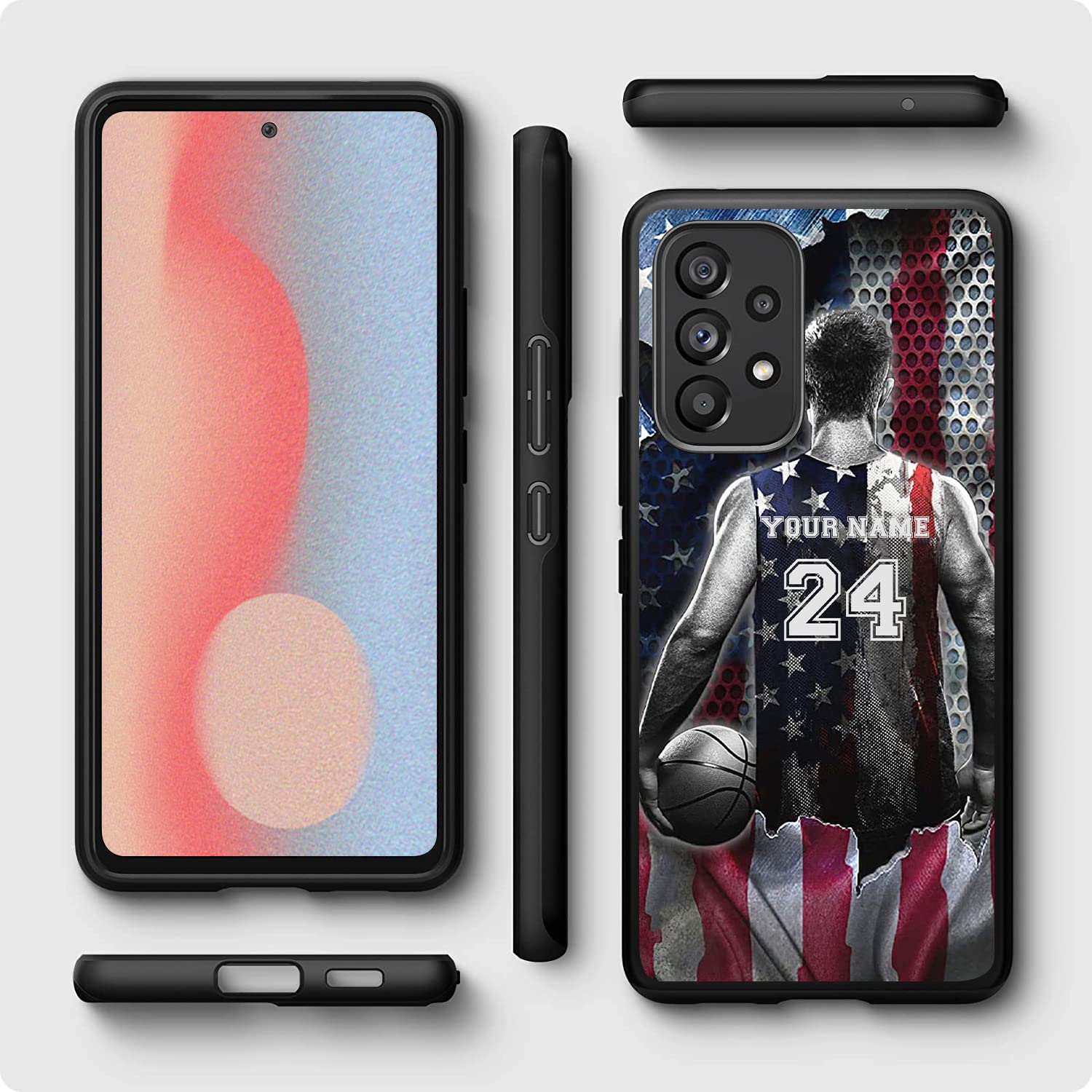 Personalized Basketball Player Name Number America Flag Design Rubber Cover Phone Case for Samsung Galaxy A15/A25/A14/A53 5G/A03S/A02S/A10E/A12/A13/A32/A33/A42/A51/A52/A71 Custom Basketball Phone Case