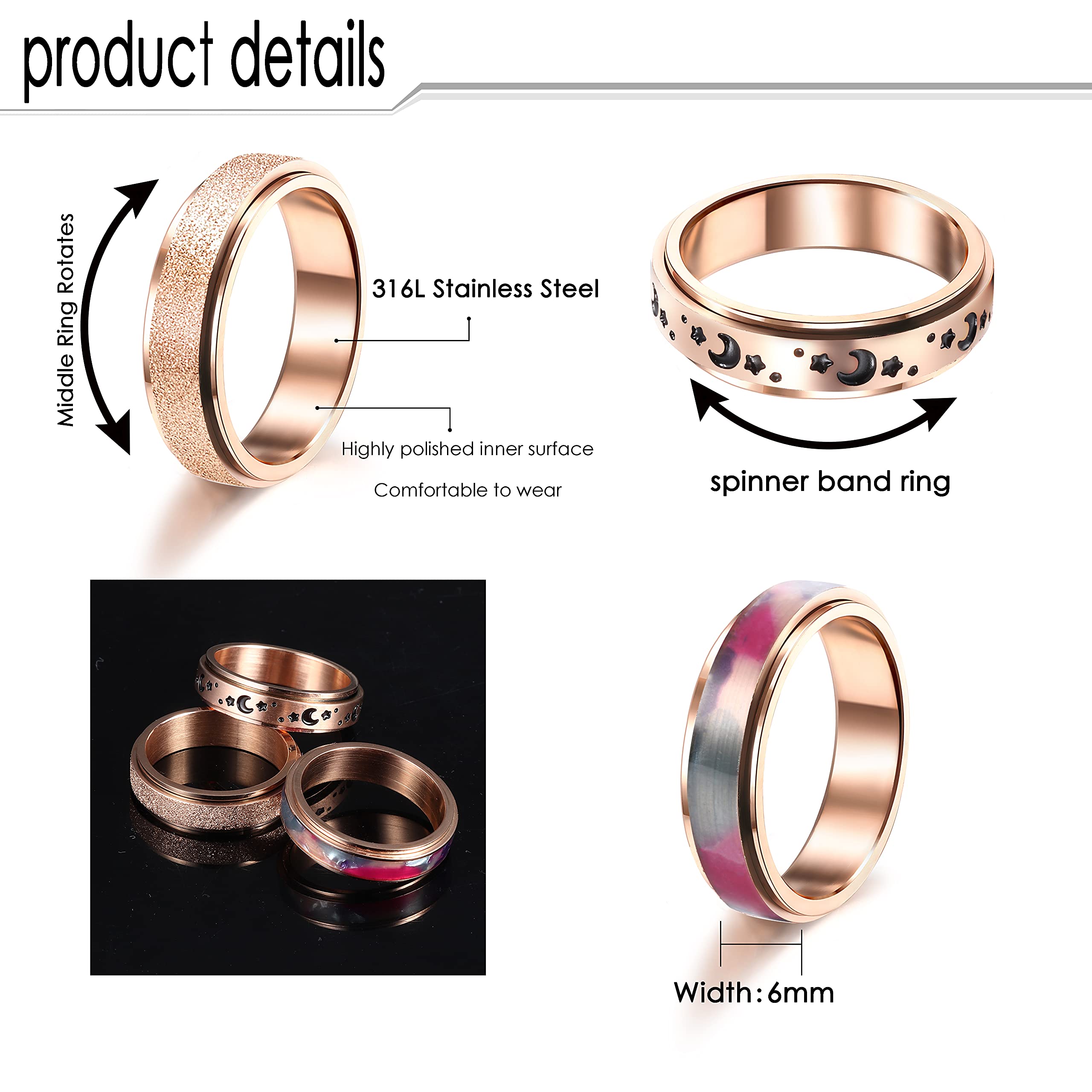 YADOCA 3 Pcs 6mm Spinner Band Ring for Men Women Moon Star Celtic Stress Relieving Ring Fidget Band Ring Rose Gold Stainless Steel 8