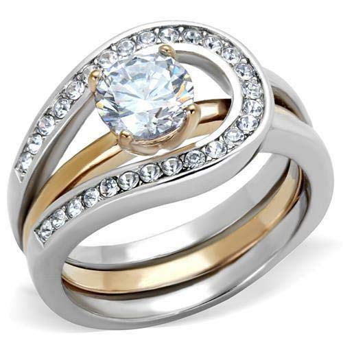 Set Stainless Steel & Rose Engagement Ring Split Shank Round Cut Ctr & CZ Sides