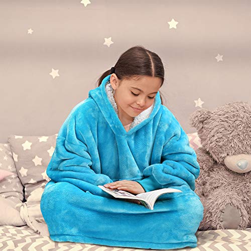 Solaris Wearable Blanket Hoodie for Kids - Warm Soft Gift, Oversized Cozy Sherpa Fleece Sweatshirt Pullover for Teens, Girls, Boys, Large Pocket, Light Blue