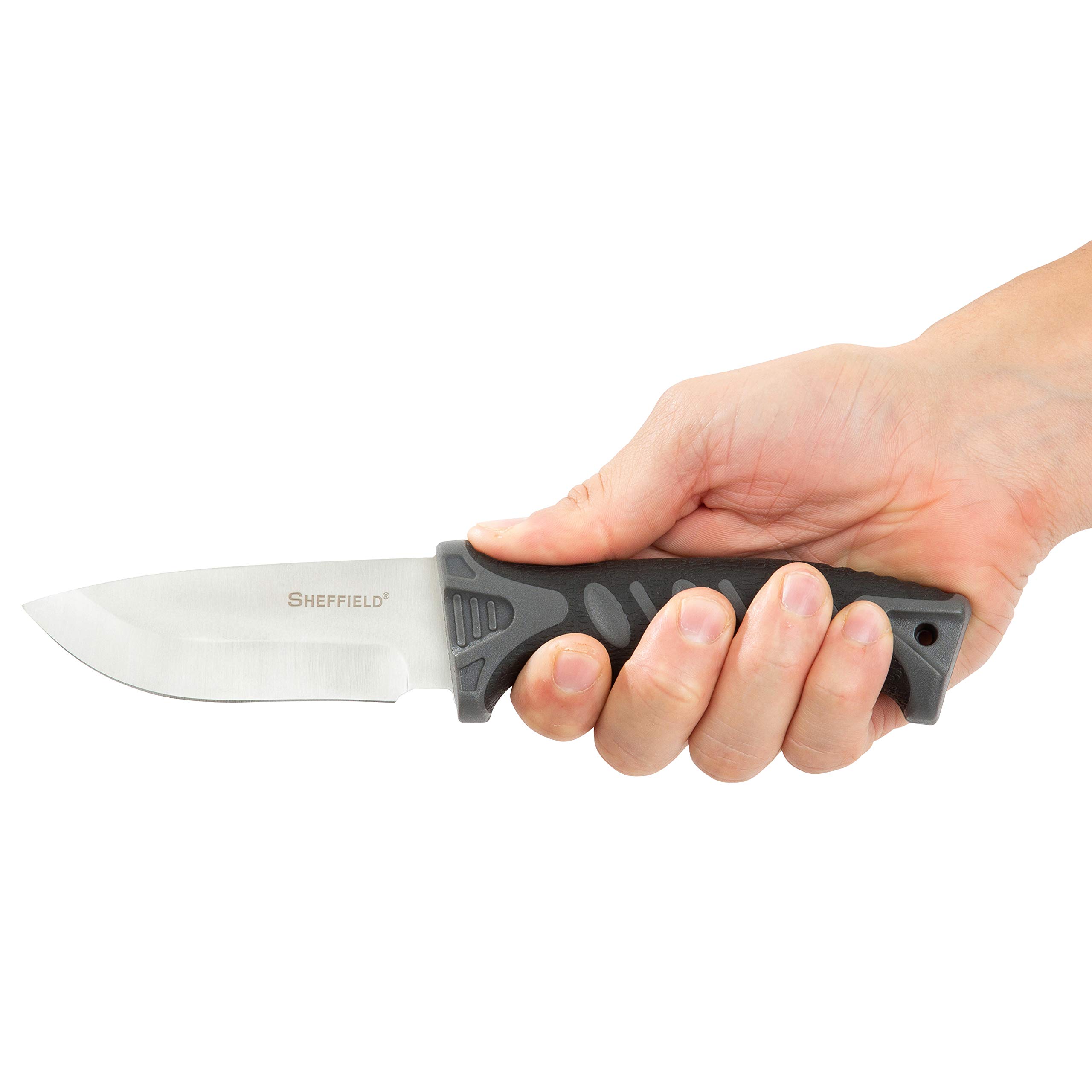 Sheffield 12186 Sitka 4 Inch Drop Point Fixed Blade Hunting Knife with Sheath, Full Tang Blade, Pocket Knife for Skinning, Self Defense, and More