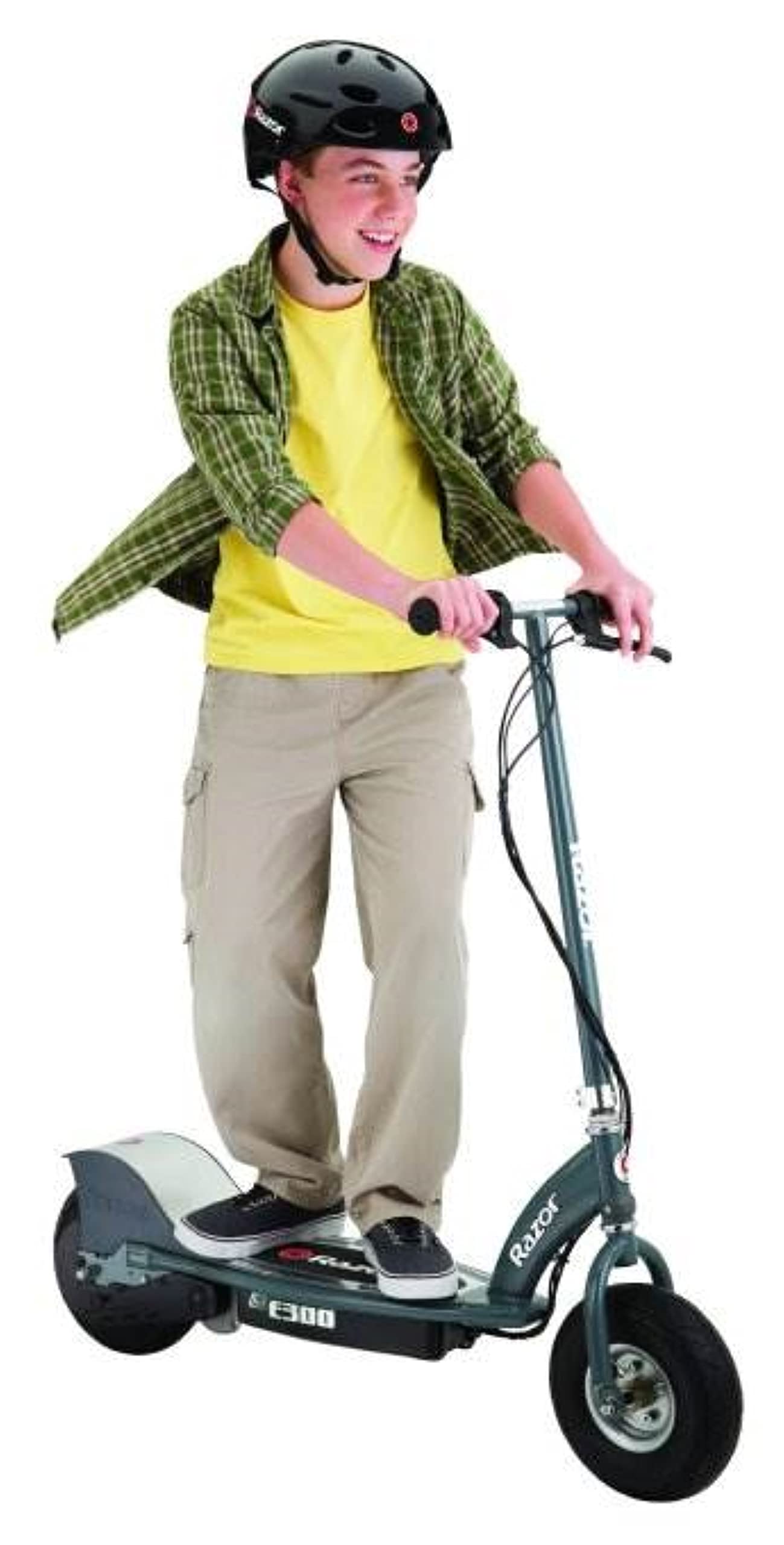 Razor E300 Electric 24 Volt Motorized Rechargeable Scooter with Acceleration Control and Front Brake, Gray with Sport Safety Helmet, Black