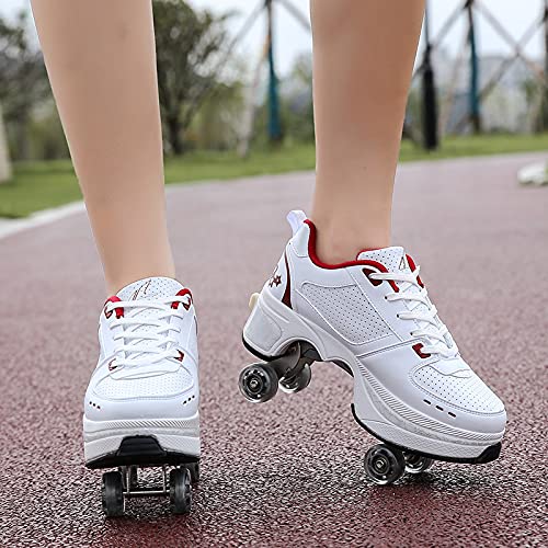 PLMOKN Women's Retractable Roller Skates Outdoor Girls Kick Roller Shoes Men Deformation Sneakers,(???) EU 36/US 5.5,White