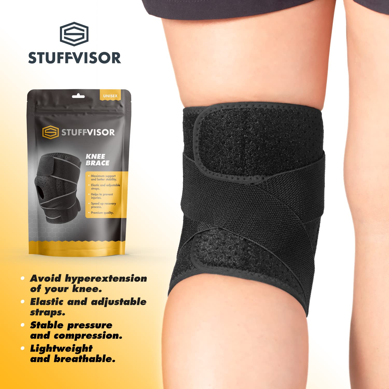 Stuffvisor Knee Brace for Meniscus Tear, Maximum Compression with side Stabilizers for Pain on Men and Women, Great for Arthritis Pain, Patella Gel Pad & Side Straps, Knee Sleeve, Onesize