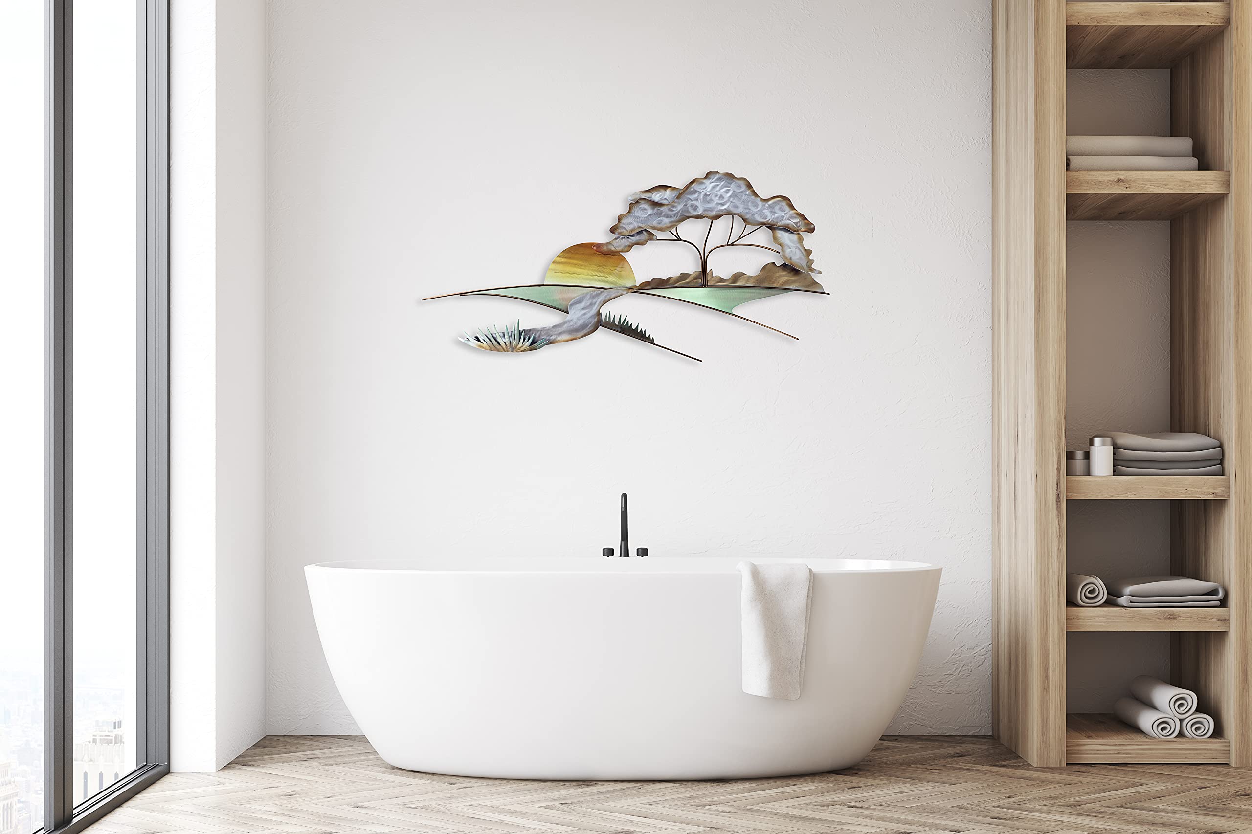 T.I. Design Oak Hill | Contemporary Metal Tree with Setting Sun Stainless Steel Wall Decor