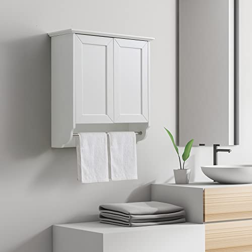 VANIRROR Wall Mounted Bathroom Cabinet with Towel Bar, 23x24x8.2 Inch Wooden Medicine Cabinet for Storage with Adjustable Shelf, MDF Material White Bathroom Wall Cabinet with Buffering Hinge