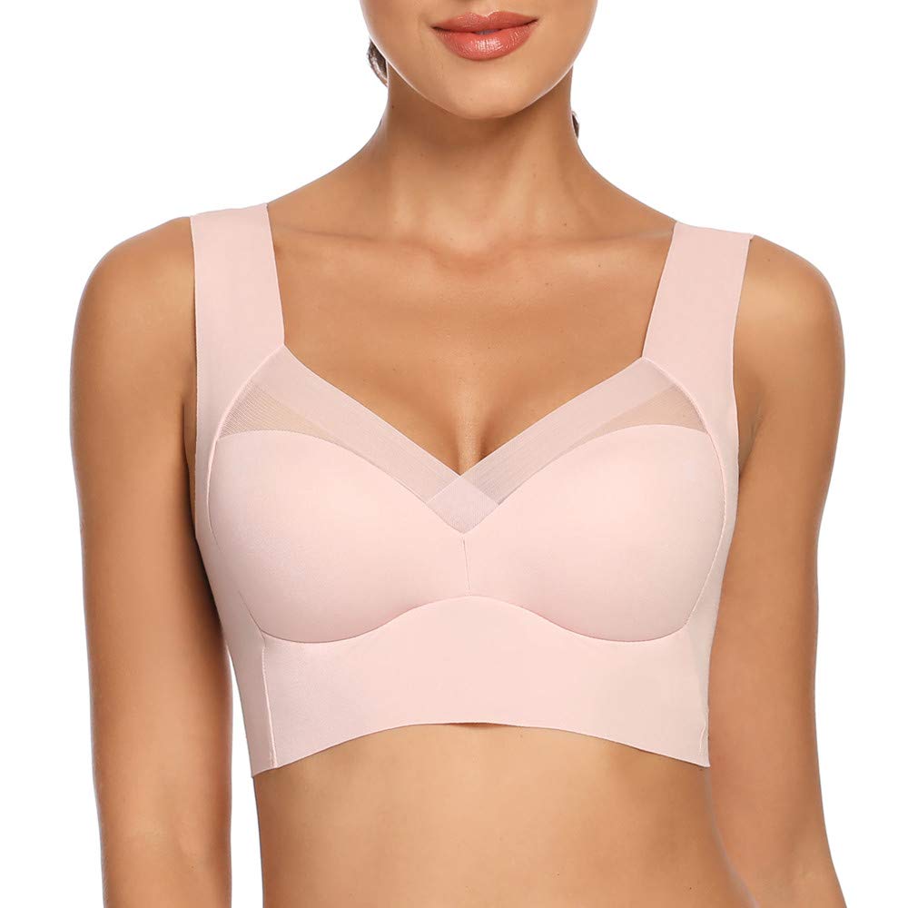 Seamless Mesh Lace Bras for Women Wirefree Comfortable Padded Lift Push Up Thin Soft Back Smoothing Sleep Leisure Pullover Bralettes Plus Size for Large Breasts (169 Sleep Pink, S, s)