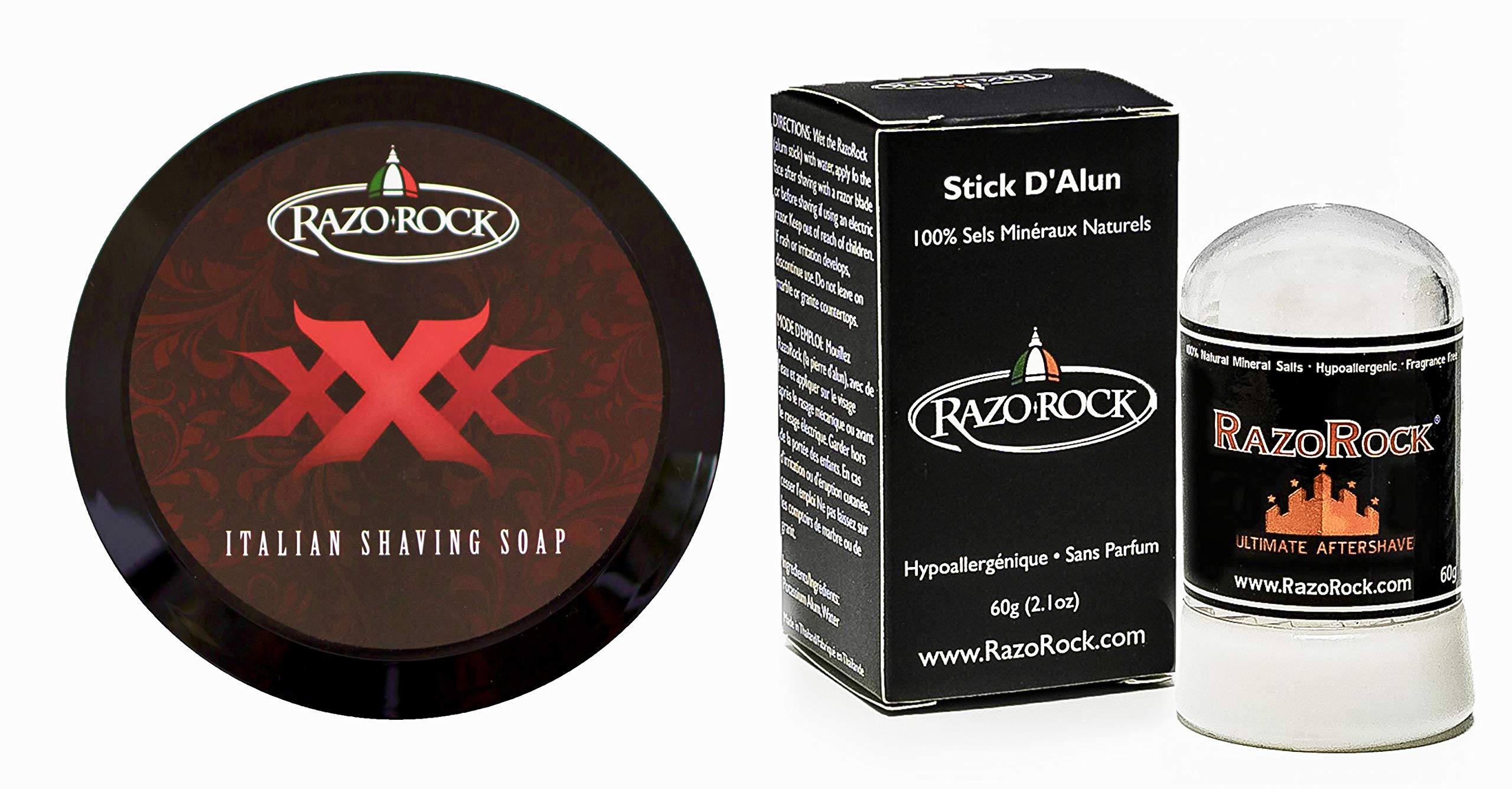 RazoRock XXX Italian Shaving Soap Bundle with Alum After Shave Stick (60 grams) For Men I Artisan Made, Natural Healing and Toning (2 Items)