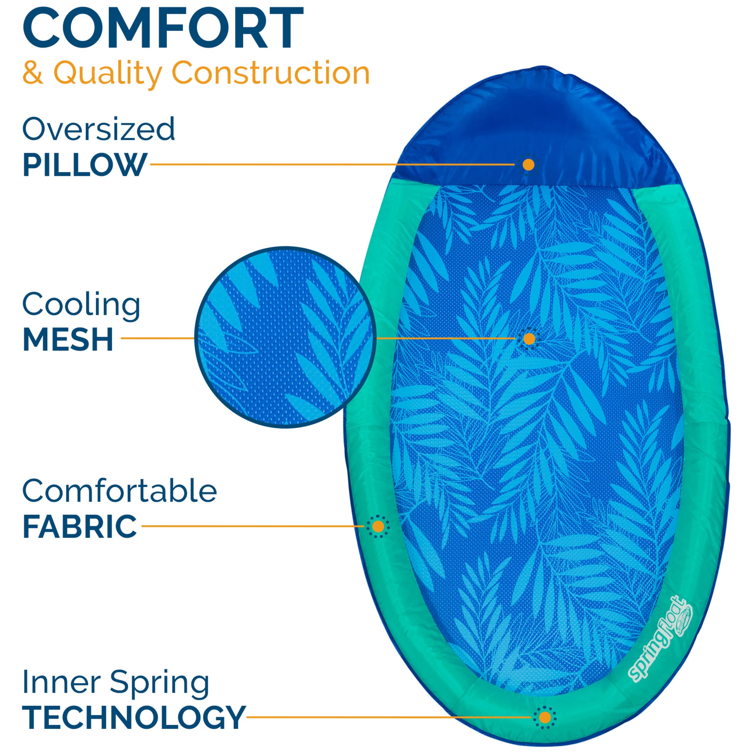 SwimWays Spring Float Original Pool Lounge Chair with Hyper-Flate Valve, Teal Palm