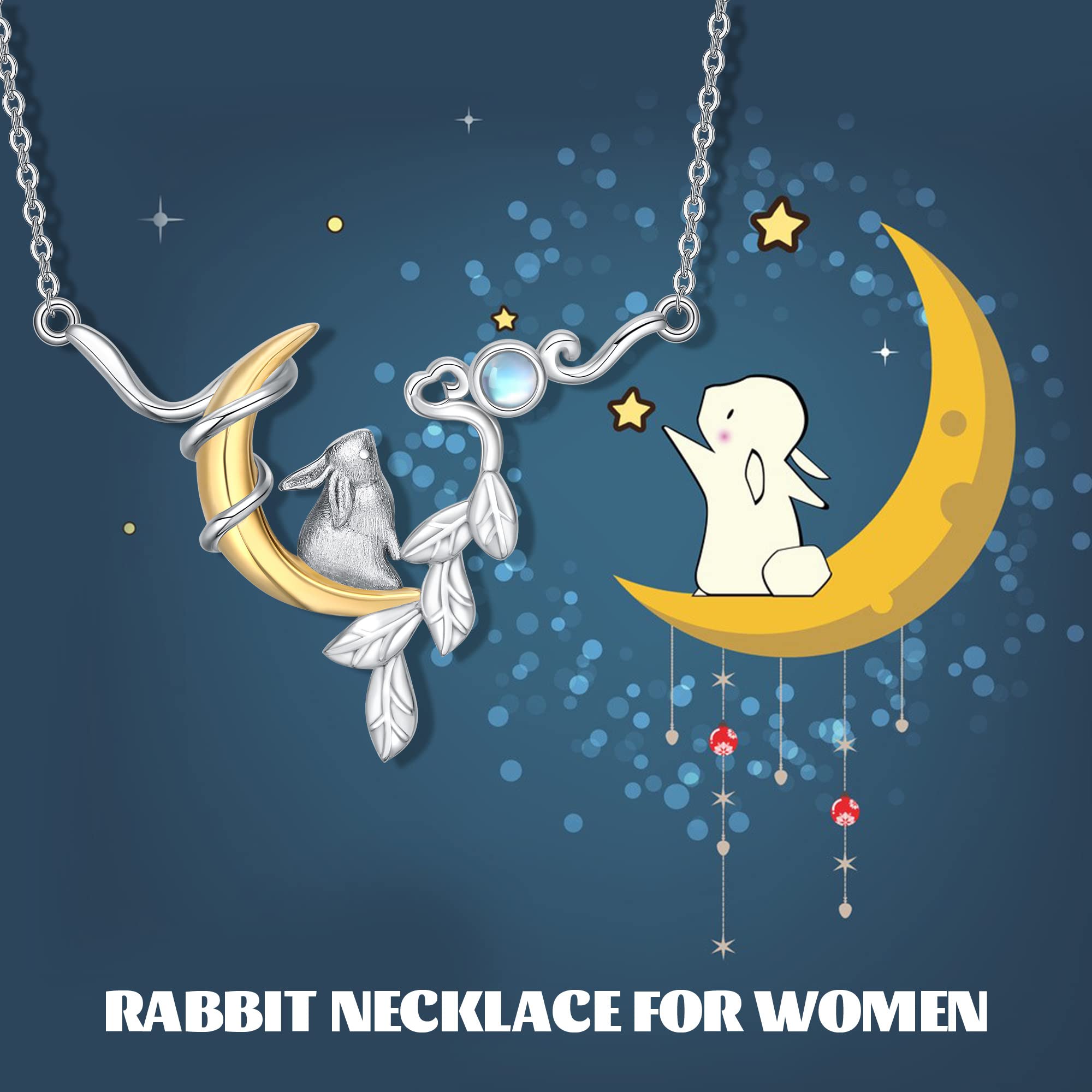YAFEINI Bunny Necklace Sterling Silver Moon Rabbit Pendant Bunny Jewelry Gifts for Mum Women