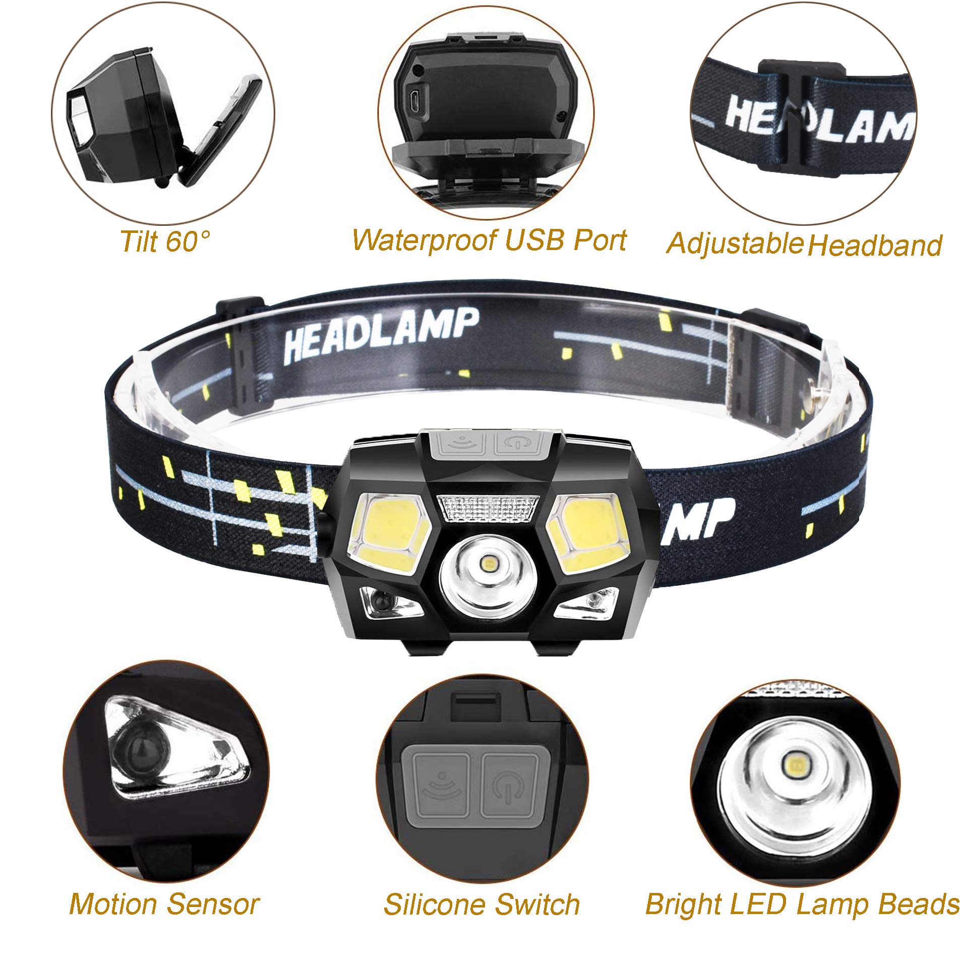 SHOWNEW 2 Packs Rechargeable Headlamp Flashlight, 800 Lumens Head Lamp Headlight with Red Light Motion Sensor for Adults Kids, 5 Lighting Modes Waterproof for Running Hiking Camping Fishing