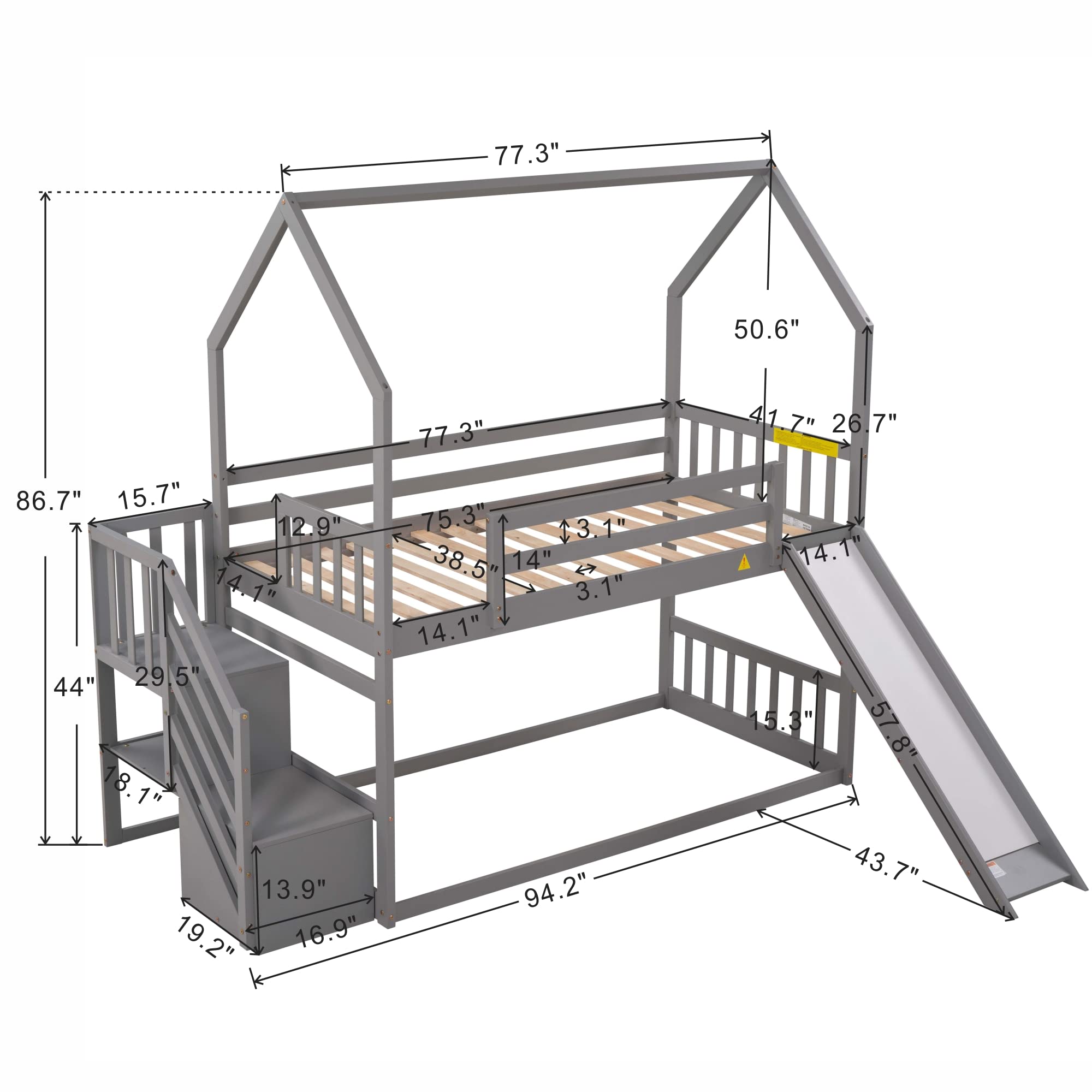 RUNWON Twin over Twin House Bunk Bed with Convertible Slide,Storage Staircase and Open Sehlves for Kids Teens Bedroom