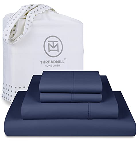 Threadmill Luxury 800 Thread Count King 100% Cotton Sheets - Folkstone Blue Sateen Weave Bed-Sheets, Better Than Egyptian Cotton, 4 Pc Solid Soft Bed Set, Fits 16" Deep Pocket