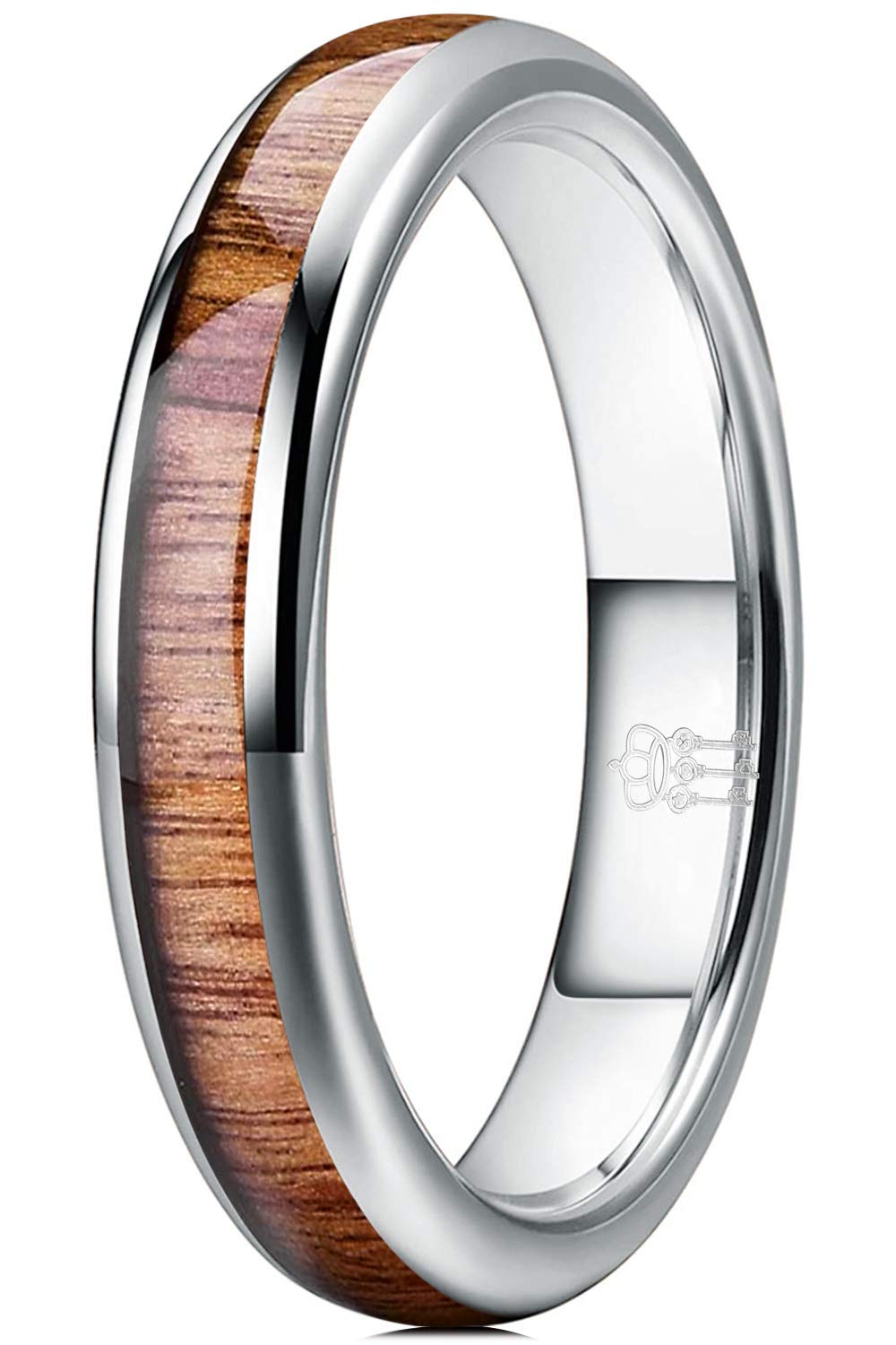 THREE KEYS JEWELRY 4mm White Tungsten Carbide Wedding Ring for Women with Koa Wood Inlay Domed Wedding Band Engagement Ring Comfort Fit Size 8