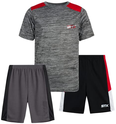 STX Boys' Active Shorts Set ? 3 Piece T-Shirt and Gym Shorts Kids Clothing Set, Size 10, Red/Grey/Black