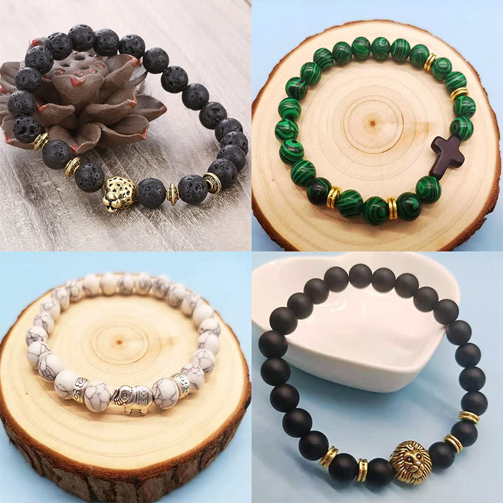 SONNYX 12 Pcs 8MM Lava Rock Stone Bead Bracelet for Men Women Crown King Charm Lion Leopard Head Natural stone Bracelet Set Adjustable Elastic