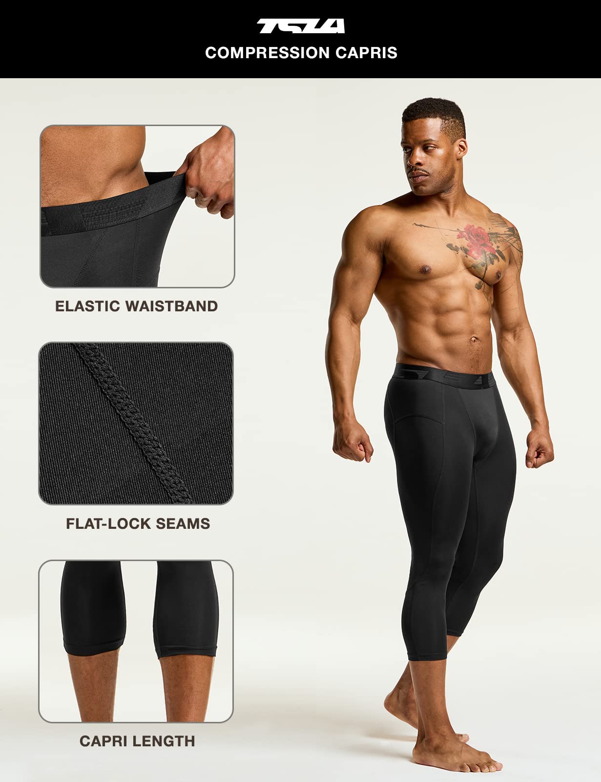 TSLA Men's 3/4 Compression Pants, Running Workout Tights, Cool Dry Capri Athletic Leggings, Yoga Gym Base Layer, Control Capris Black, Large