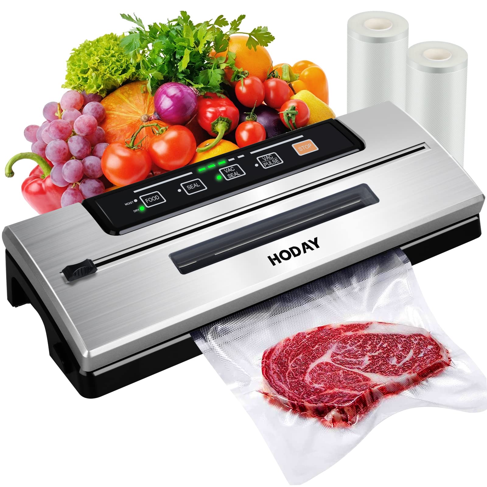Vacuum Sealer Machine, HODAY Food Sealer with Built-in Cutter, Dry&Moist Mode, Automatic Vacuum Sealer Food Storage Machine, with 2 Bag Rolls 8βx7β and 11βx10β Compact Design, Easy to Clean