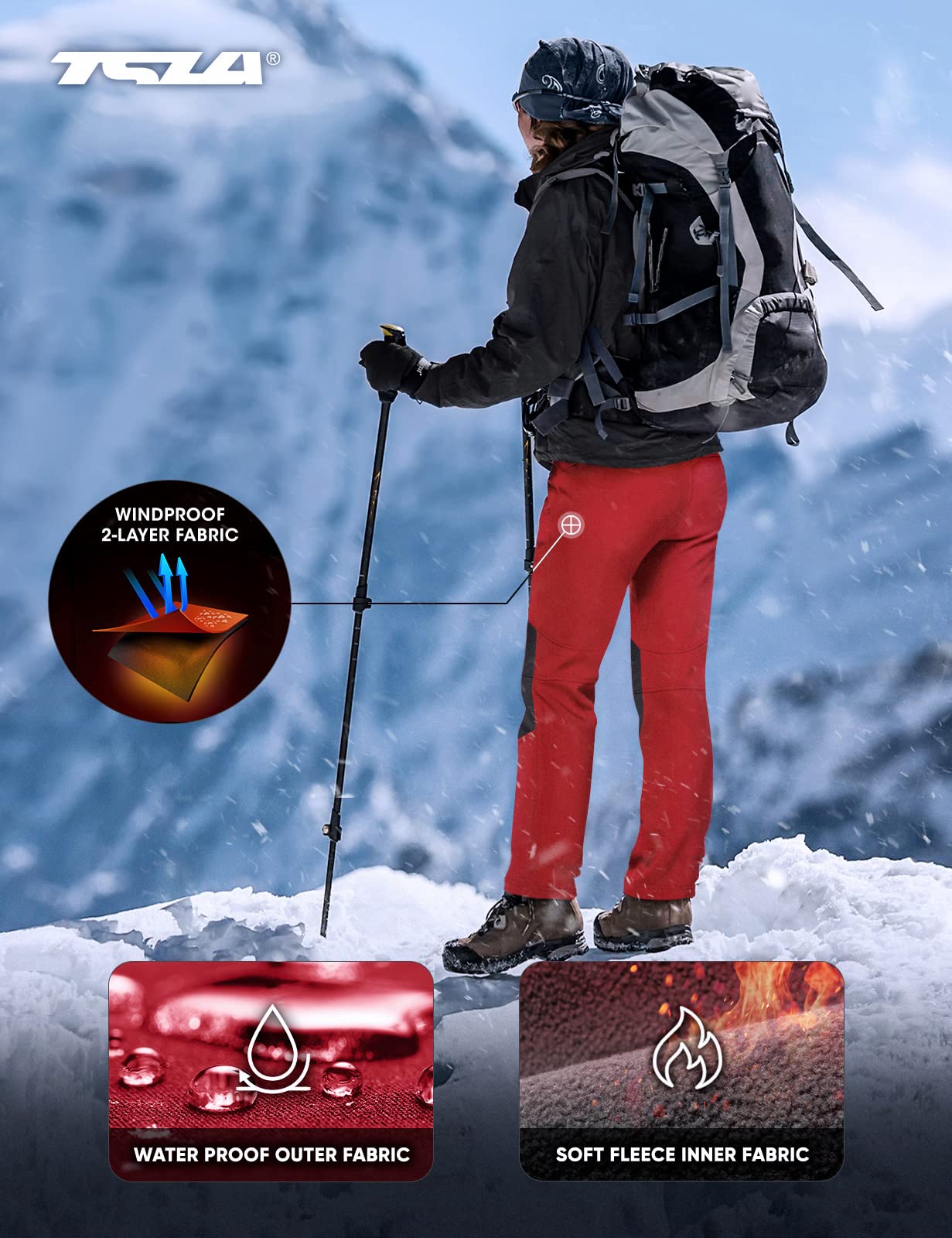 TSLA Women's Softshell Winter Snow Ski Pants, Fleece Lined Waterproof Hiking Pants, Insulated Work Outdoor Pants, 2-layer Reinforced Knee Red, Small