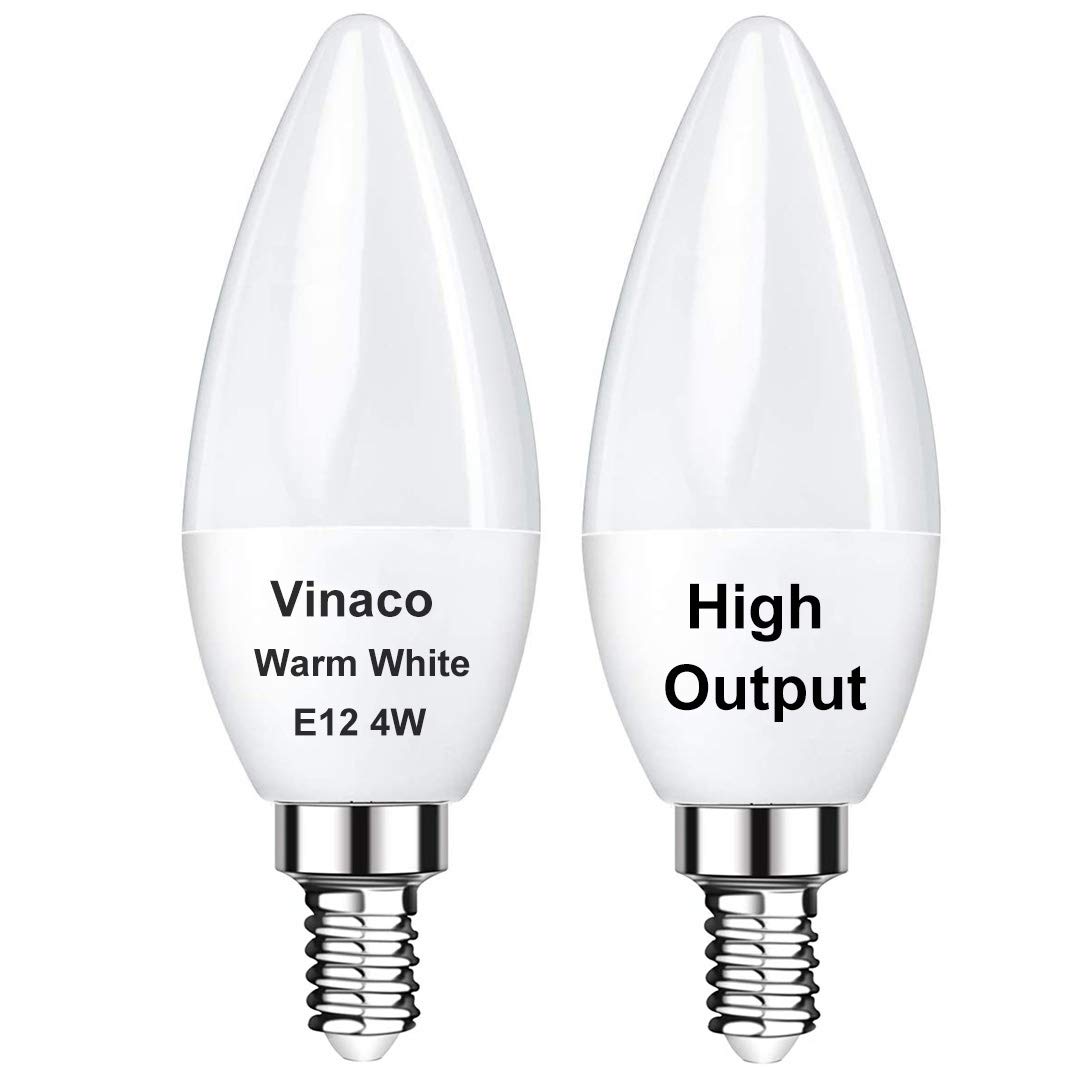 Vinaco E12 LED Bulb, 2 Pack E12 Candelabra Bulb 40 Watt Warm White 3000K, High Brightness 400LM & 25000+ Long Lifespan E12 Bulb, E12 Candelabra Base, E12 Light Bulb Great for Ceiling Fan Light Bulb