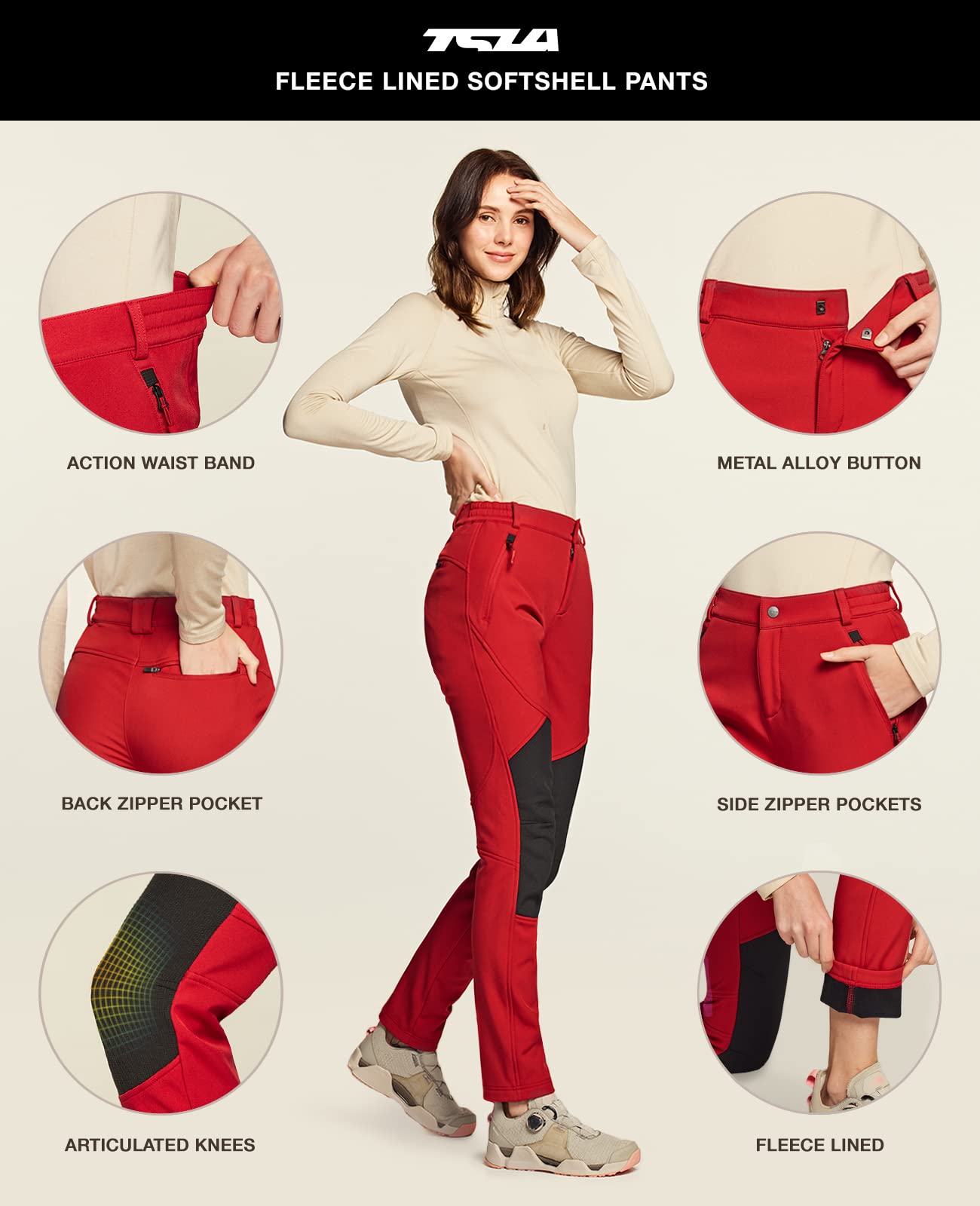 TSLA Women's Softshell Winter Snow Ski Pants, Fleece Lined Waterproof Hiking Pants, Insulated Work Outdoor Pants, 2-layer Reinforced Knee Red, Small
