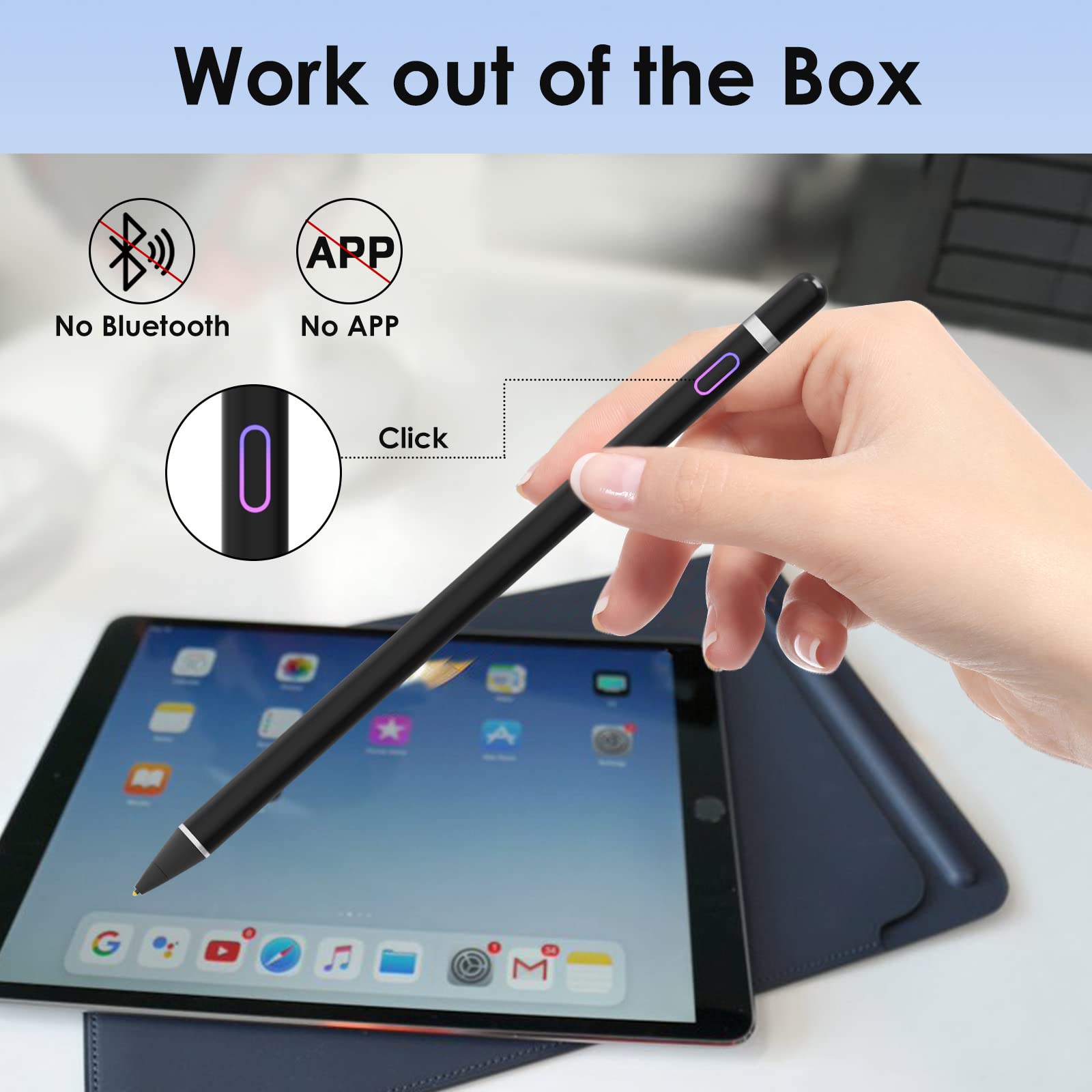 Stylus Pen for iPad, Active Pencil Compatible with Apple iPad Pro 9.7/10.5/11/12.9 Inch Air 2nd/3rd/4th iPad 4/5/6/7/8/9th Gen Mini 4/5/6th Alternative Drawing Writing Stylist for Touch Screens