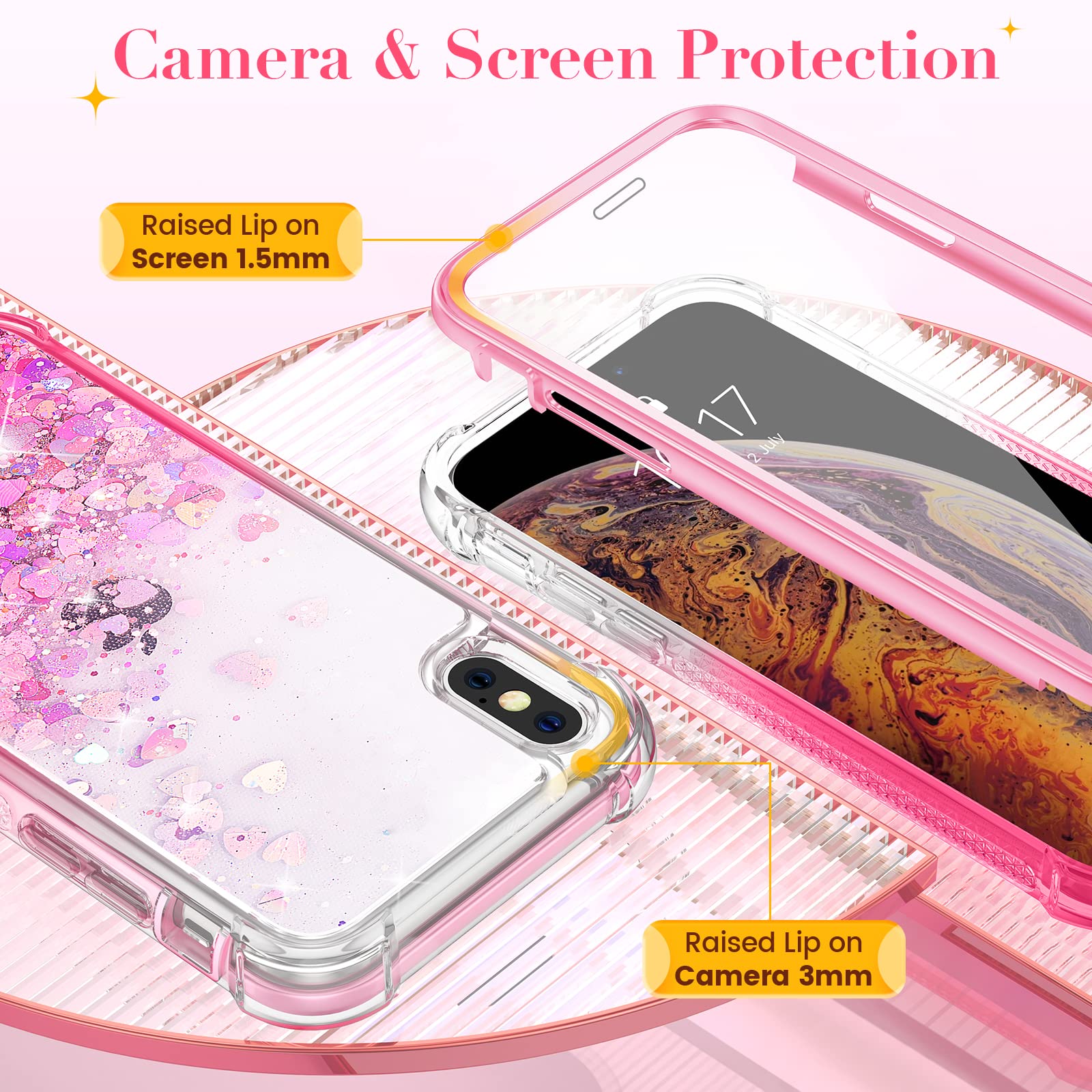 Ruky for iPhone X Case, iPhone Xs Case, Full Body Rugged Glitter Liquid Case with Built-in Screen Protector Shockproof Protective Women Phone Case for iPhone X iPhone Xs 5.8 inches (Gradient Pink)