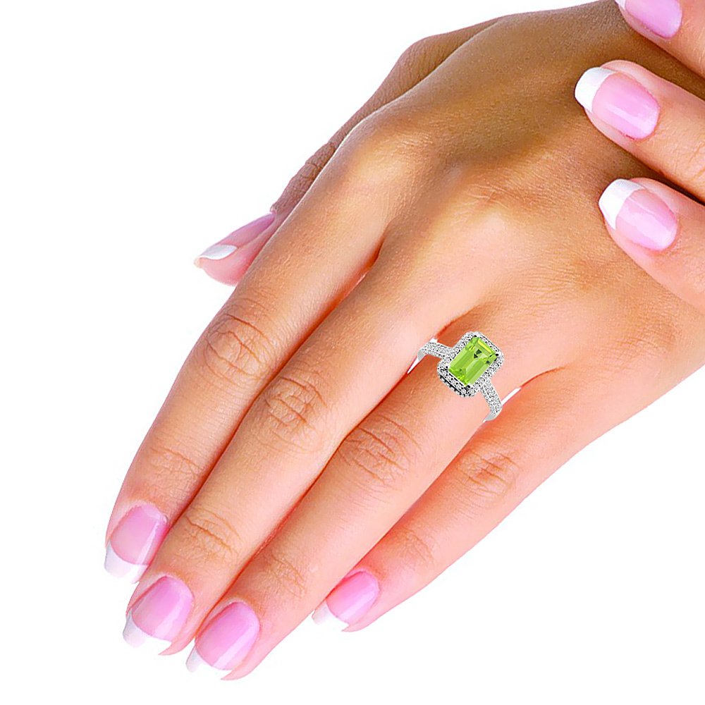 Sabrina Silver 14K White Gold Natural Peridot Engagement Ring Octagon 8x6 mm, size 5