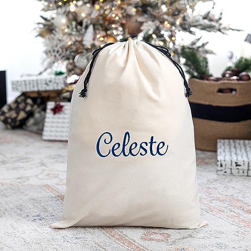 Qualtry Personalized Santa Sack Christmas Bag for Kids Presents (White 19.5โ x 26โ) - Large Cotton Sack with Drawstring - Giant Toy Bag with Embroidered Name
