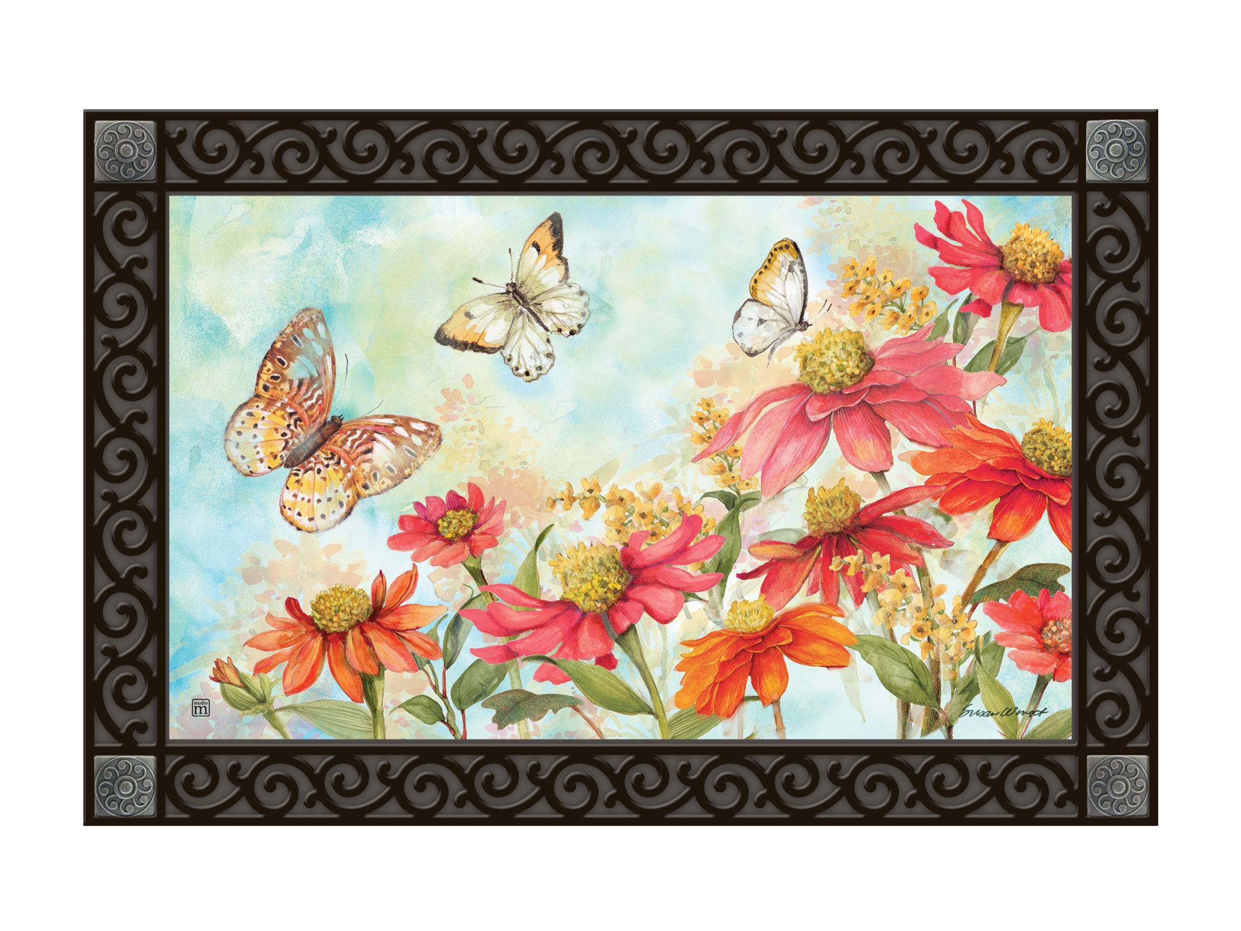 Studio M MatMates Summer Zinnias Decorative Floor Mat Indoor or Outdoor Doormat with Eco-Friendly Recycled Rubber Backing, 18 x 30 Inches