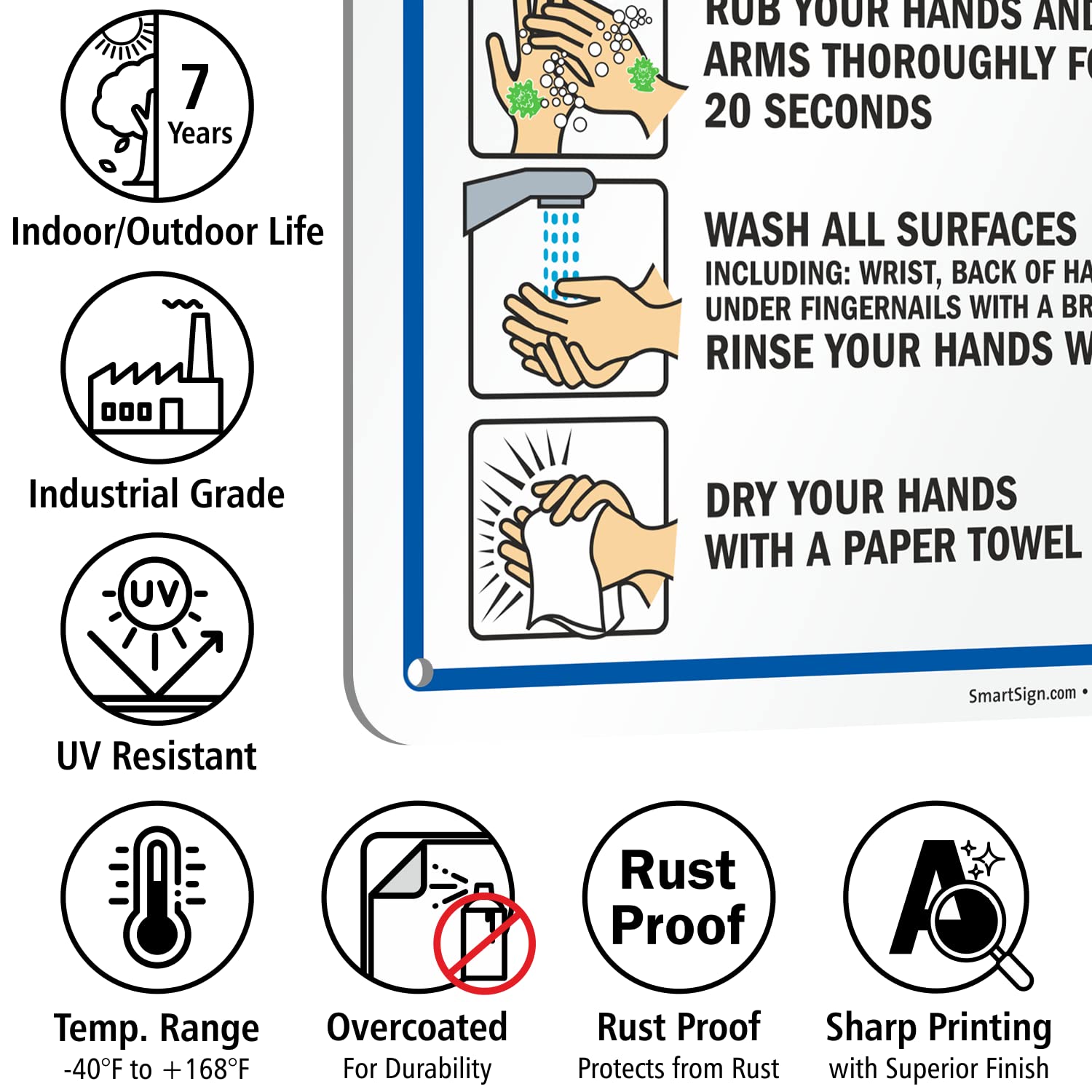SmartSign “Wash Your Hands” Hand Washing Instruction Labels | 7" x 10" Laminated Vinyl Sticker with Heavy-Duty Adhesive (Pack of 2)