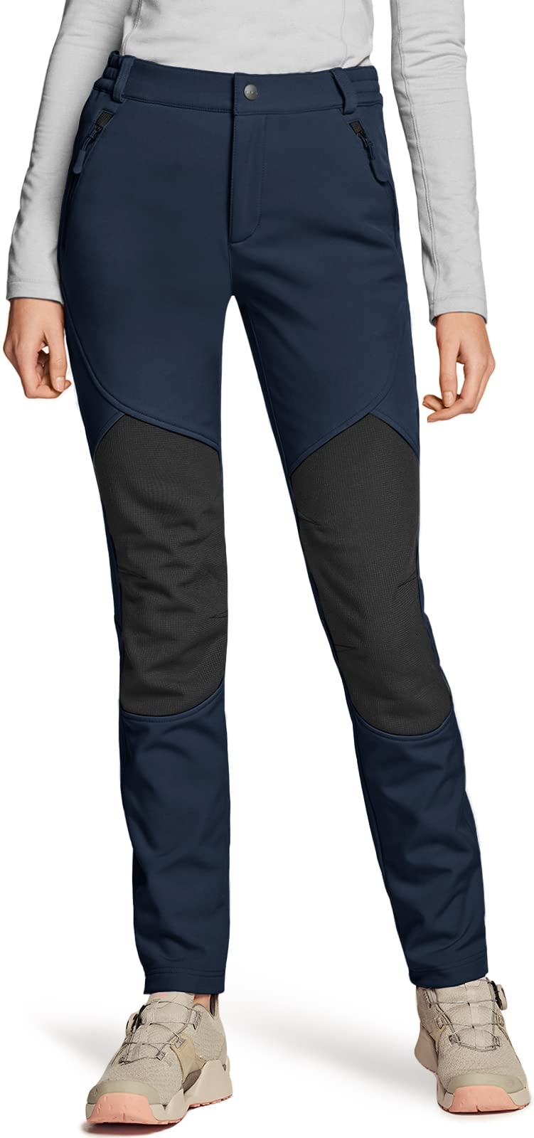 TSLA Women's Softshell Winter Snow Ski Pants, Fleece Lined Waterproof Hiking Pants, Insulated Work Outdoor Pants, 2-layer Reinforced Knee Navy, Large