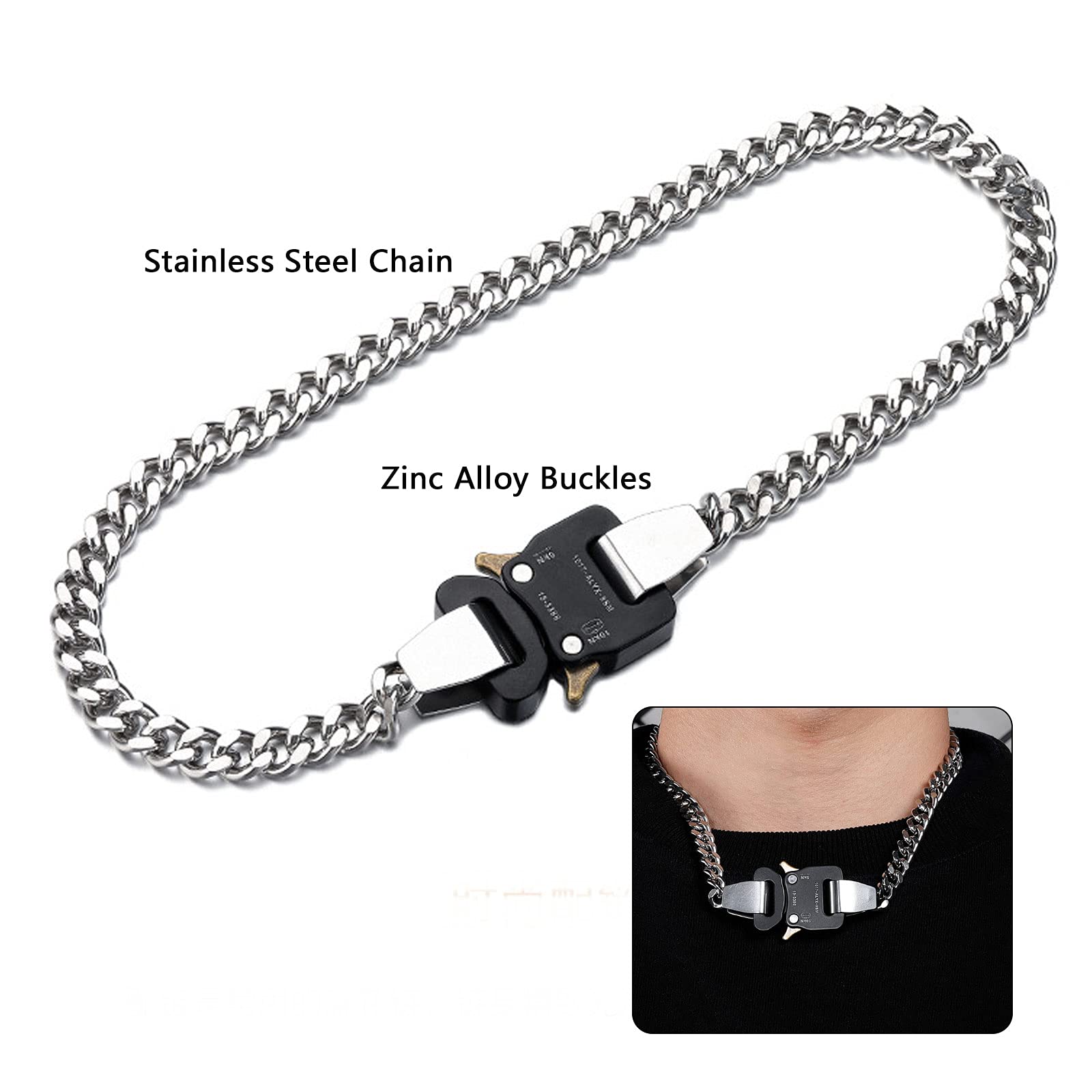 SU LIFE 20" Stainless Steel Chain Necklace Cuban Link and Side Release Buckle Necklace for Hip Hop Men Women