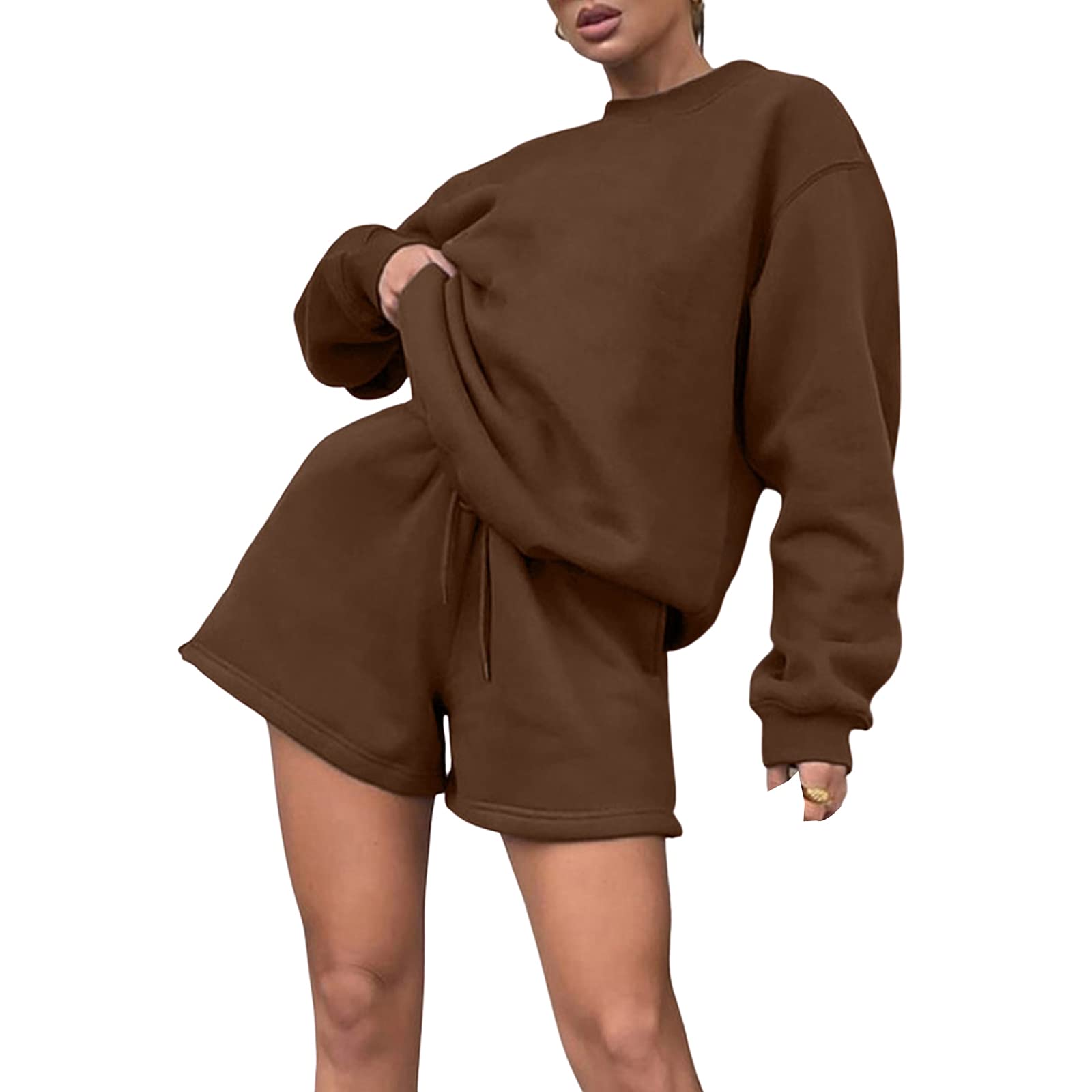 Tsnbre Womens Short Sets 2 Piece Outfits Long Sleeve Solid Pullover Sweatshirt + Loose Sweat Shorts Set (Brown, Large)