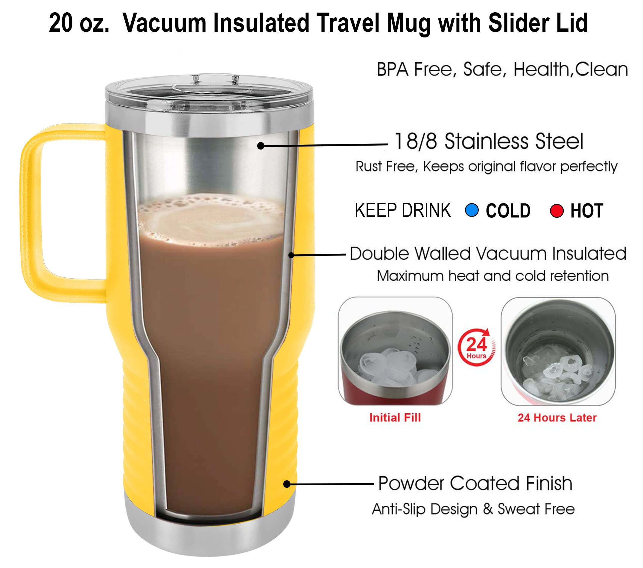 Polar Camel Personalized Tumblers with Slide Lid and Straw, Name Engraved Customized Cups, Stainless Steel Vacuum Insulated Travel Coffee Mugs - Women, Men Birthday Gift (Yellow, 20 oz)