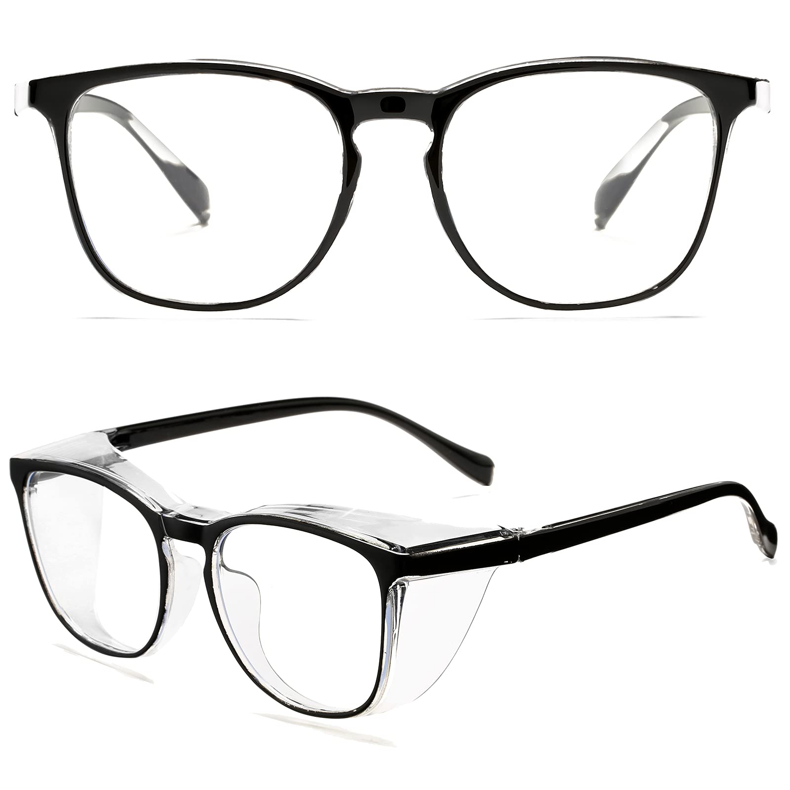 SeeBand Safety Glasses Anti Fog Round Clear Safety Goggles Scratch Resistant with Blue Light Blocking Glasses for Women Men (2 Pack Clear + Black)