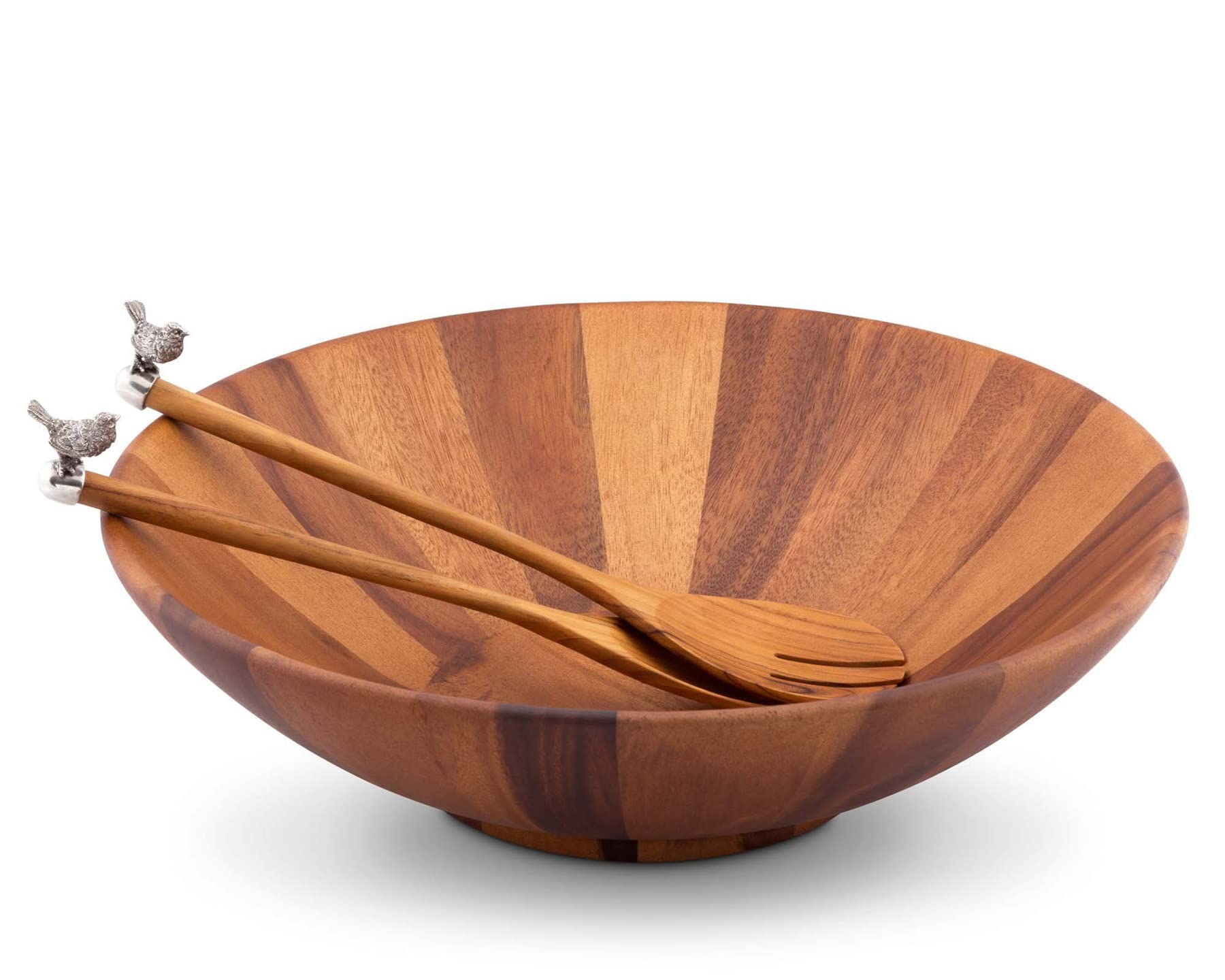 Vagabond House Acacia Wood Salad Bowl With Teak Salad Servers with Metal Song Bird Ends - Spring Servers and Bowl Set 16 inch Diameter x 5 inch Tall
