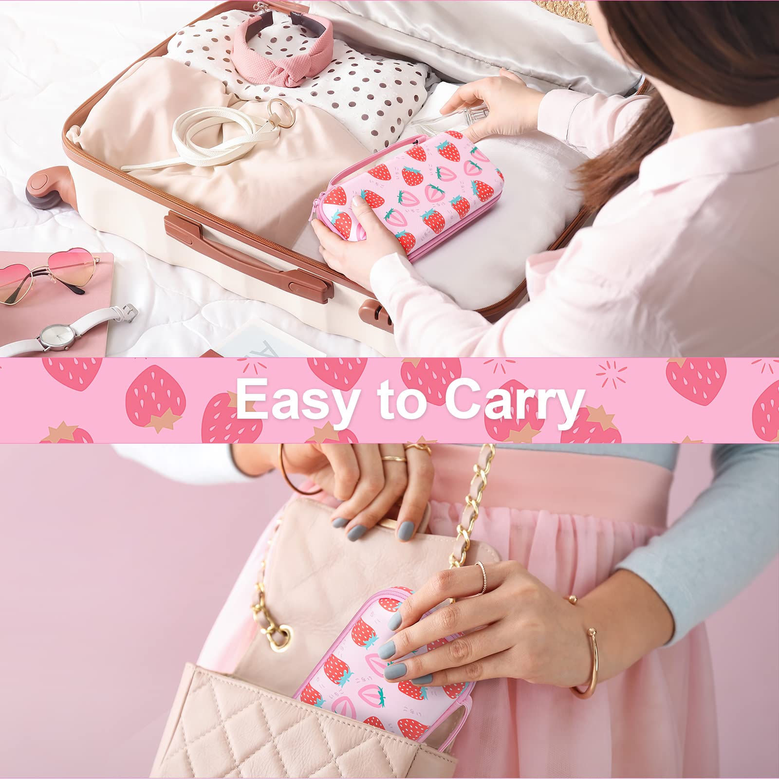 WELWEL Welwel Strawberry Carrying Case and Protective Case Compatible with Switch(OLED Model), switch accessories-Adjustable Strap, Screen Protectors, Thumb Grip caps, pink