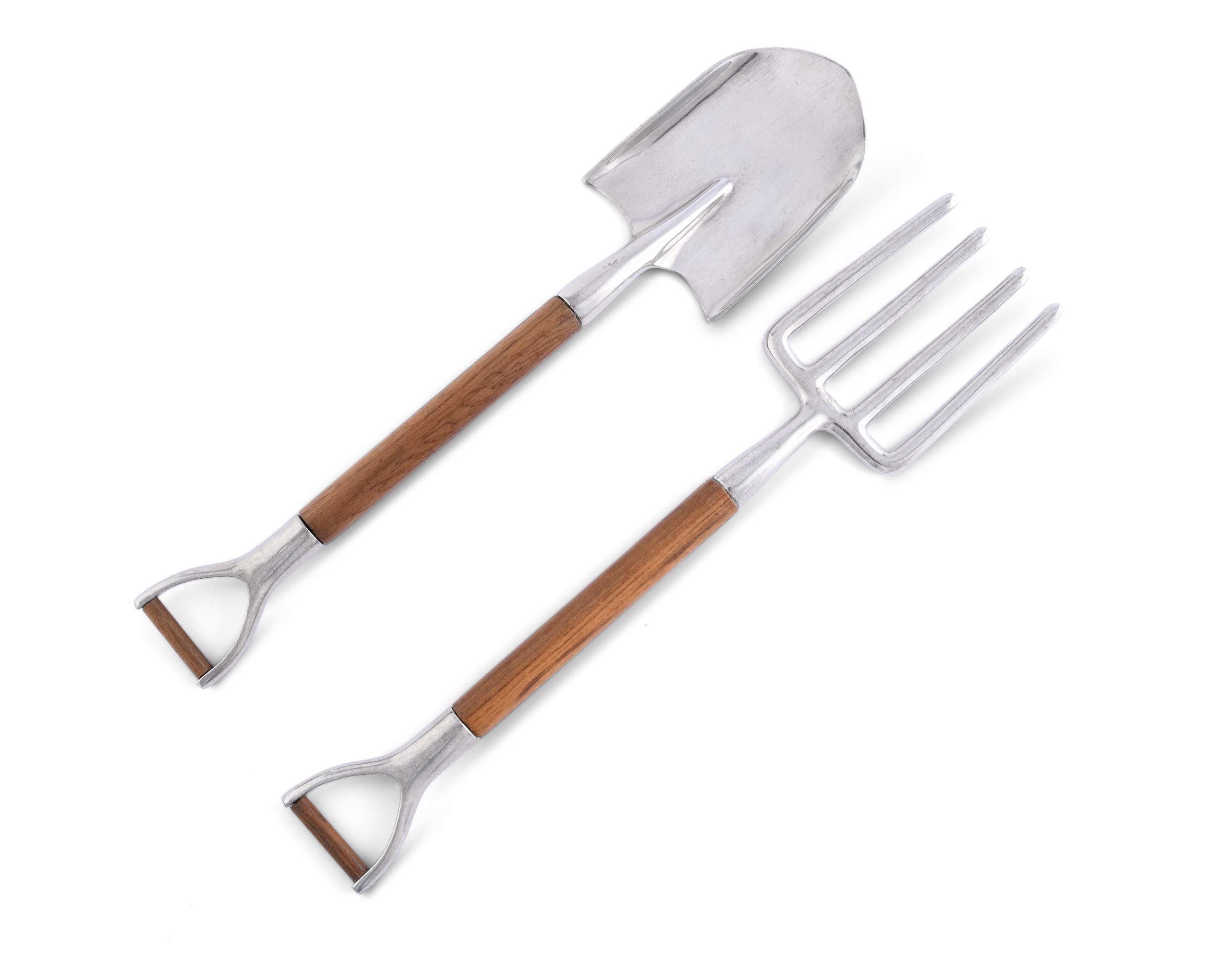 Vagabond House Pewter Metal Fork & Shovel Head with Acacia Wood Salad Serving Set Garden Set Serving Tools 11 inch Long