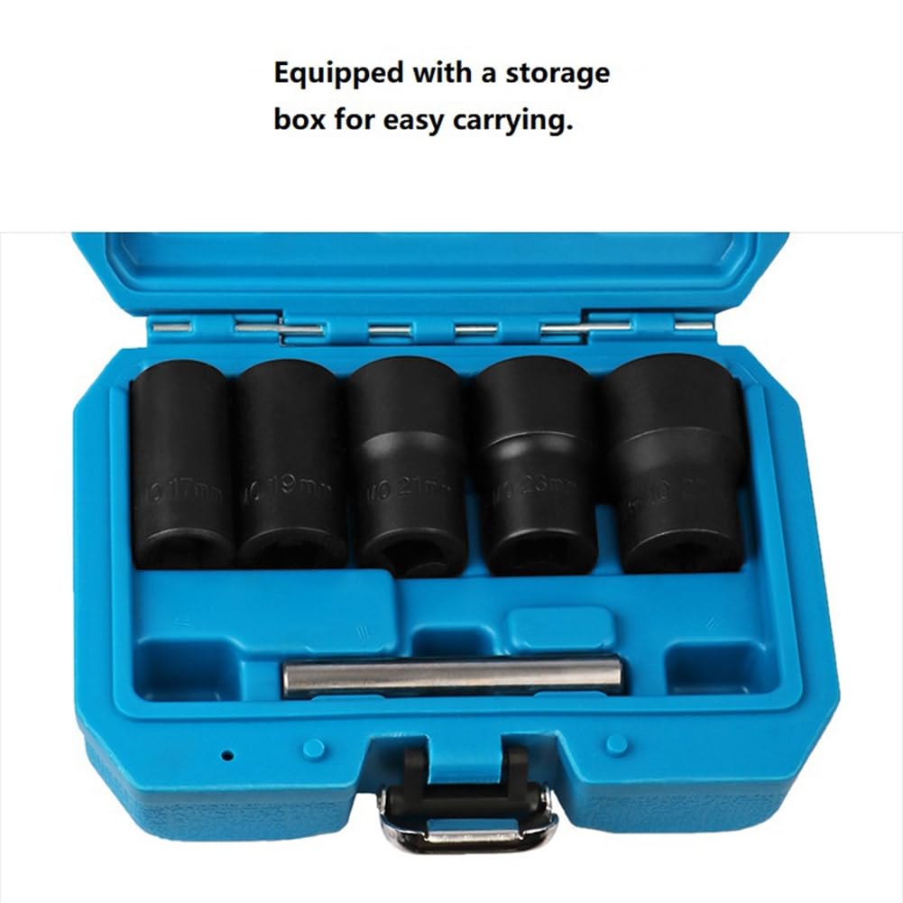 Pomojonbi 6 Pieces of Broken Nut Extractor with 17mm, 19mm, 21mm, 23mm, 27mm Sleeve and Central Piercing Rod Nut Removal Tool Kit Durable