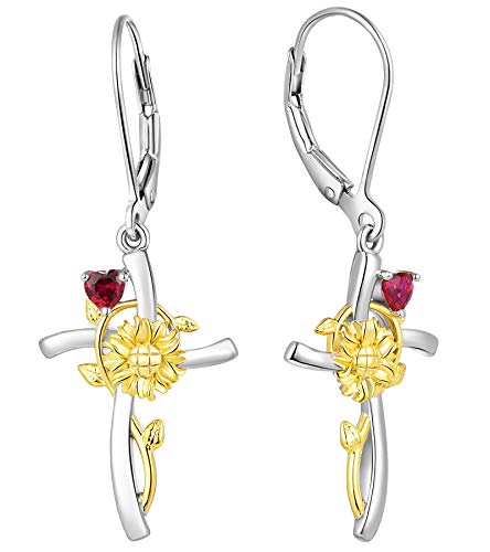 YL Sunflower Cross Earrings Sterling Silver Dangle Drop Earrings Created Ruby Religious Leverback Jewelry for Women