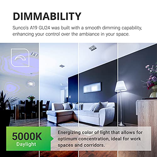 Sunco 6 Pack GU24 LED Light Bulbs 2 Prong A19, CRI91 5000K Daylight, 9W Equivalent 60W, CFL Replacement 800 Lumen, Super Bright Dimmable Twist & Lock GU24 Pin Base with 2 Prongs Instant On UL