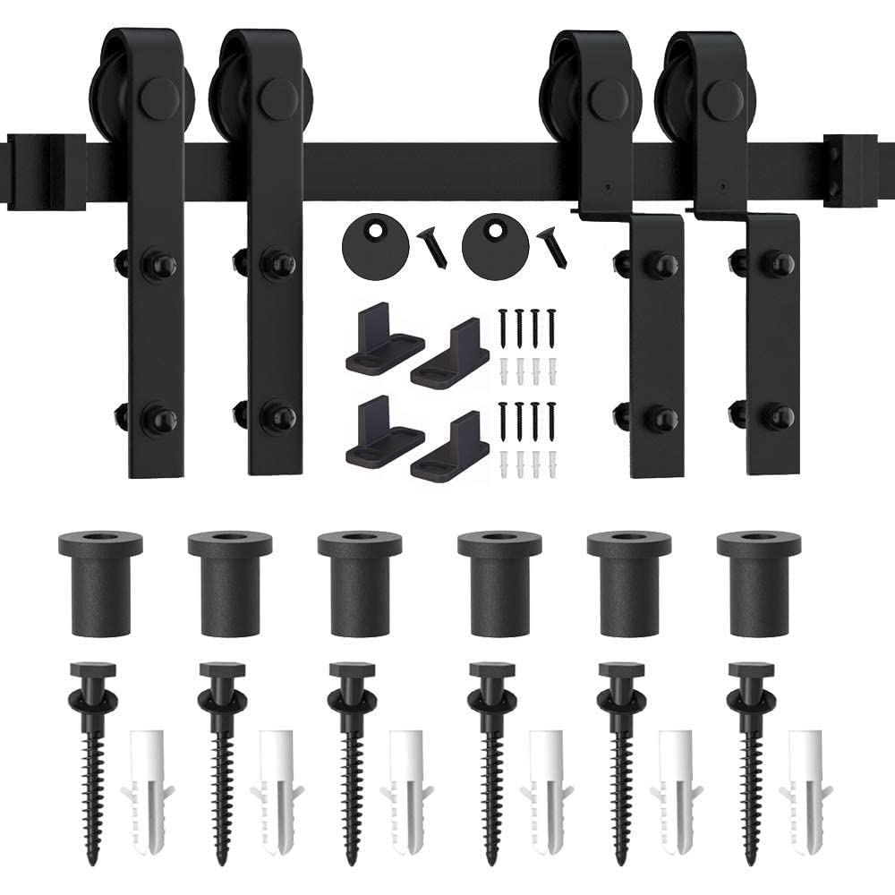 WINSOON 7.5FT Single Track Bypass Barn Door Hardware Double Doors Kit with 2PCS 12 Inch Sliding Barn Door Handles Black Hardware