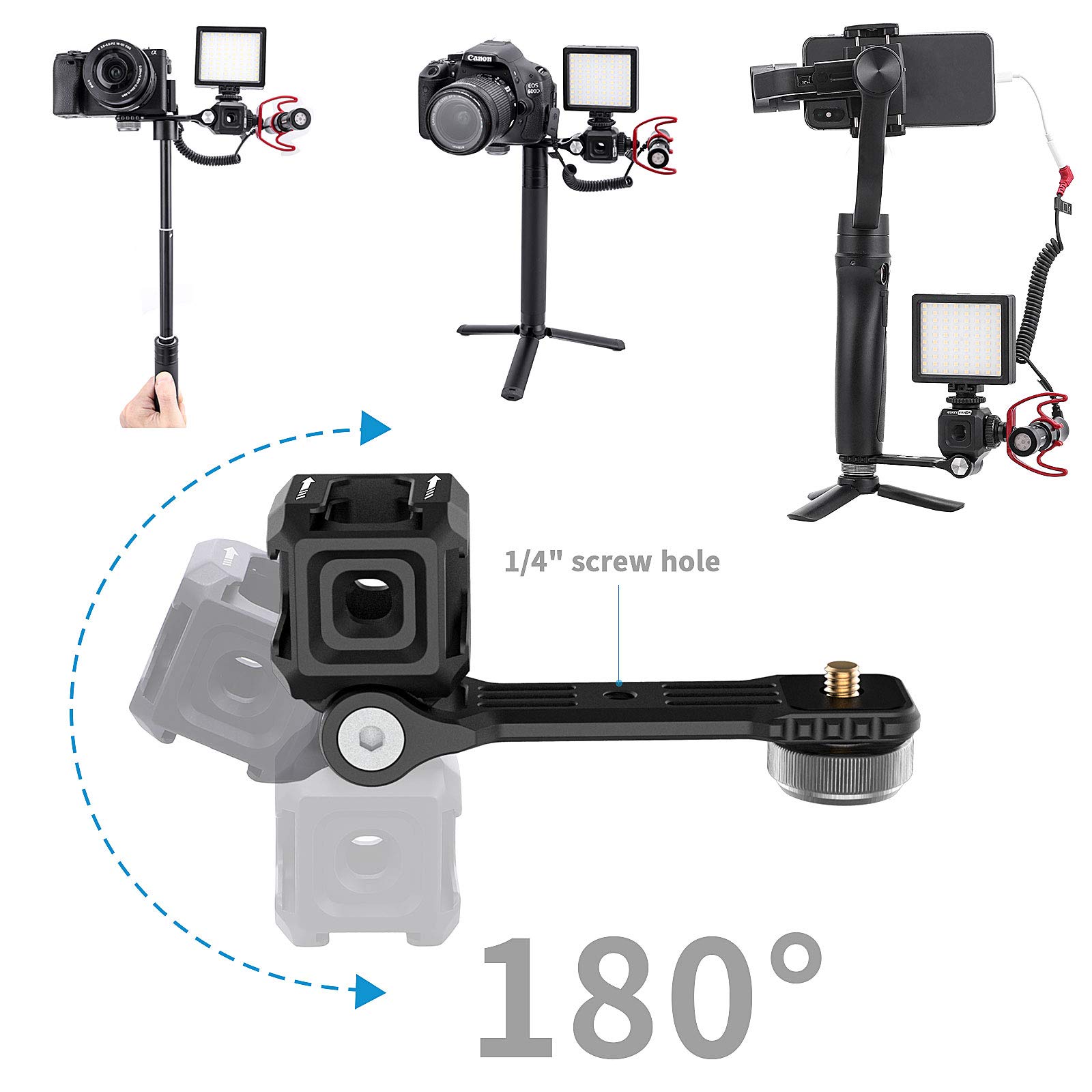 USKEYVISION Triple Cold-Shoe Mount Bracket Kit for Camera & Gimbal 180° Roll Microphone Video Light Mount Dual 1/4in Thread Compatible with All DSLR Cameras & All Gimbals (UVCS-2)
