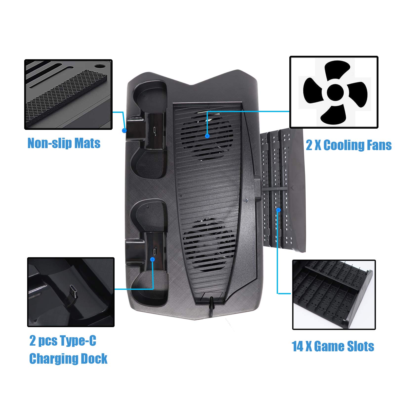 Seitop Vertical Stand for PS5, Dual Controller Charger with Cooling Fan Charging Station Game Storage for Playstation 5 with Charging LED Indicators 14 Games Slots 3 HUB USB Ports