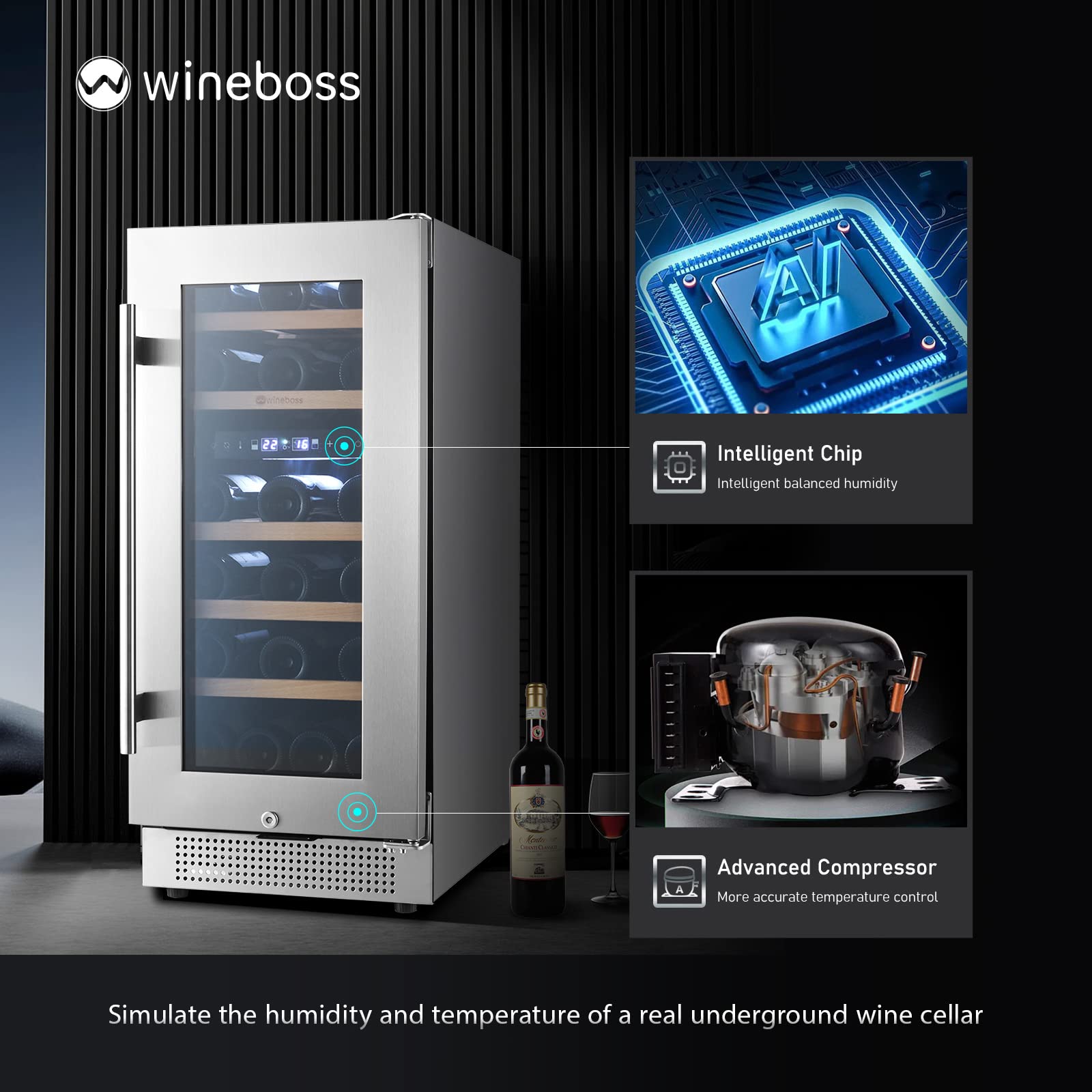 WINEBOSS 15" Wine Cooler Refrigerator, 28 Bottle Seamless Stainless Steel Built-in Freestanding Wine Fridge Double-Layer Tempered Glass Door with Lock, Under Counter Wine Cellar