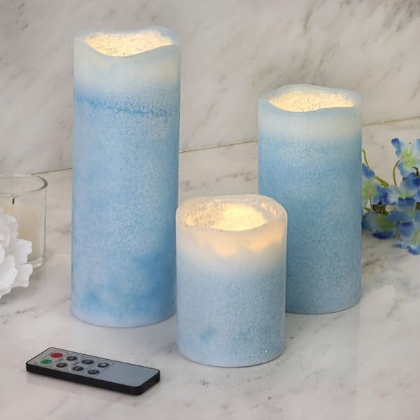 Tableclothsfactory Set of 3 Blue Flameless Candles Battery Operated LED Pillar Candle Lights with Remote Timer - 4" / 6β / 8β