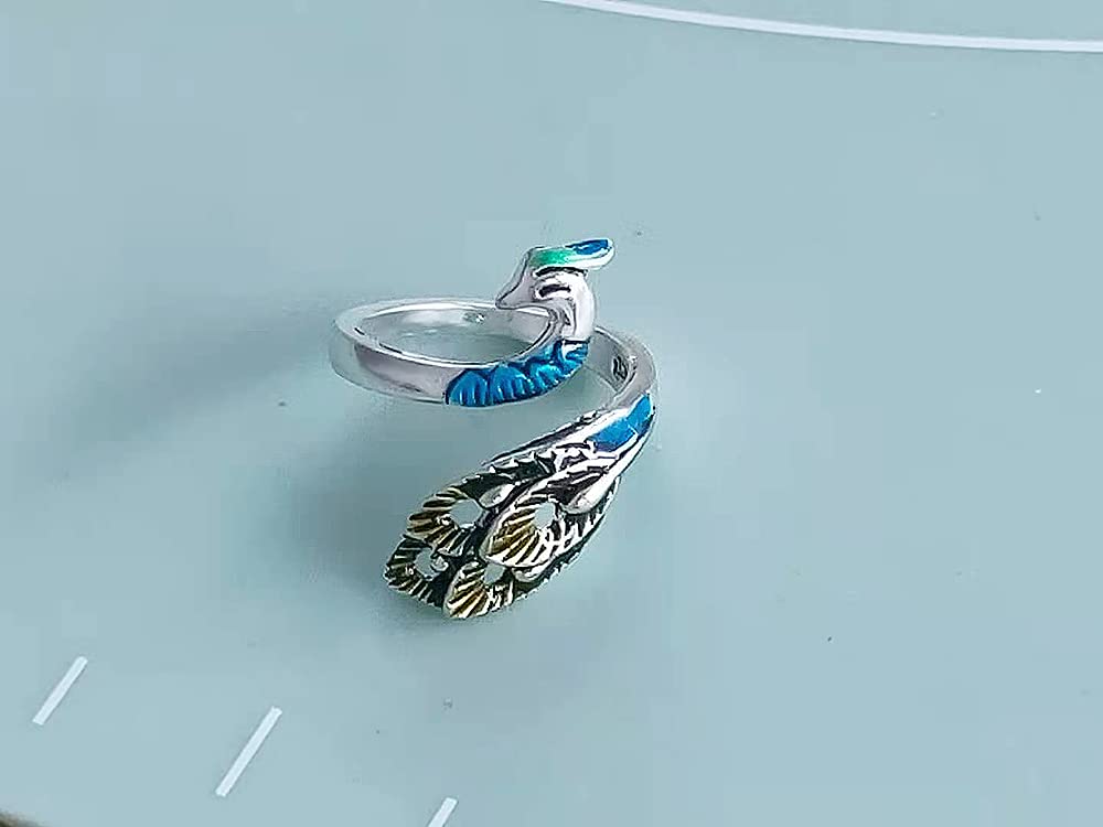 Vintage Enameled Peacock Ring for Women Girls Silver Plated Statement Adjustable Expandable Animal Open Band Finger Rings Comfort Fit Boho Delicate Mother's Day Christmas Jewelry